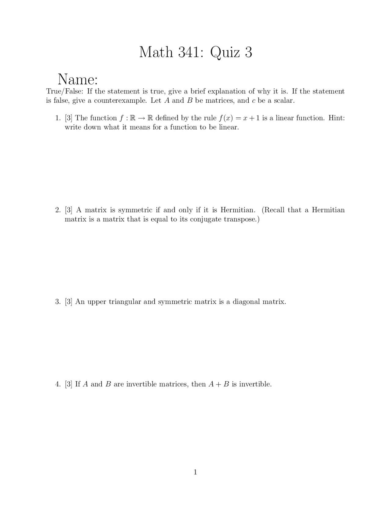 Six Questions On Elementary Linear Algebra Quiz Iii Math 341 Docsity