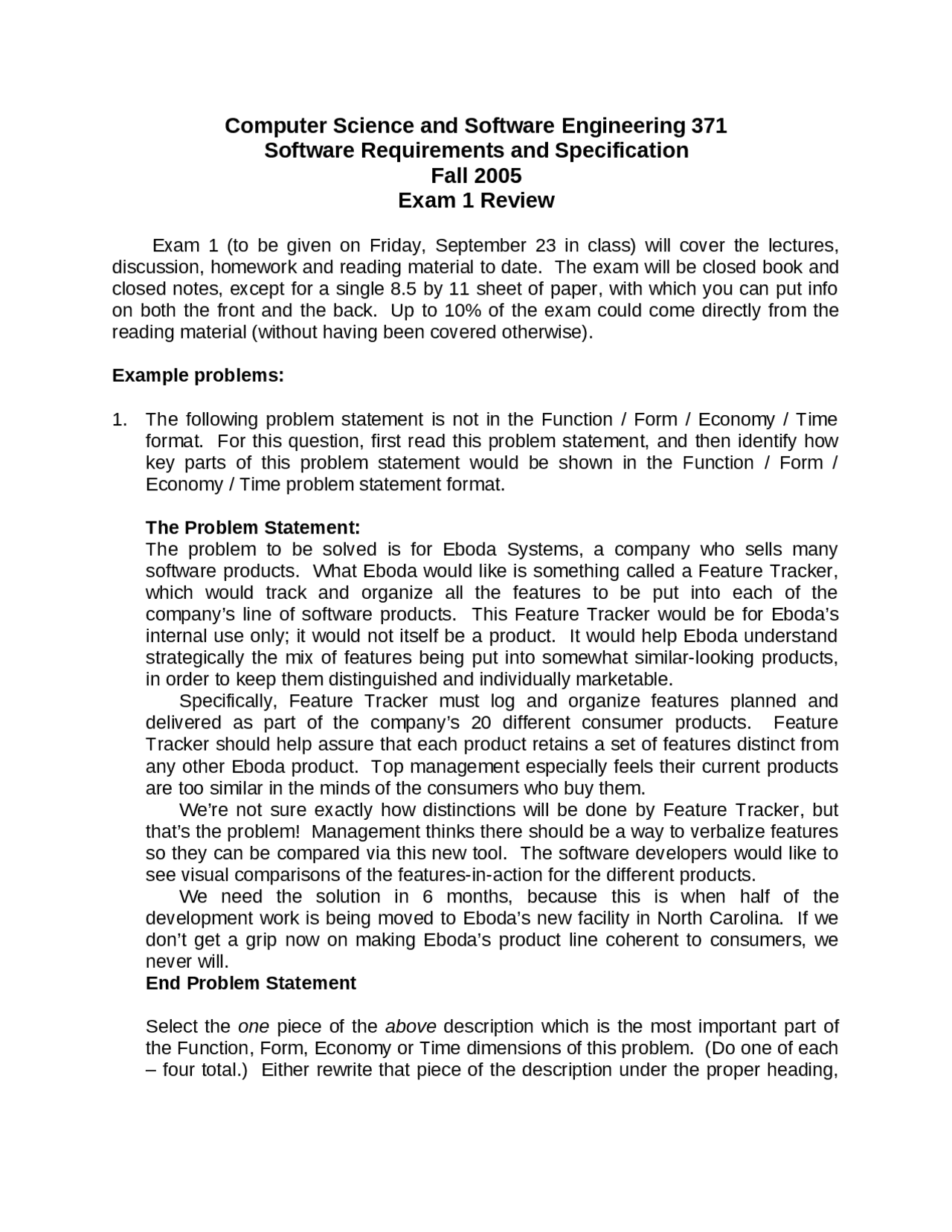 Exam I Review Software Requirements And Specification Csse 371