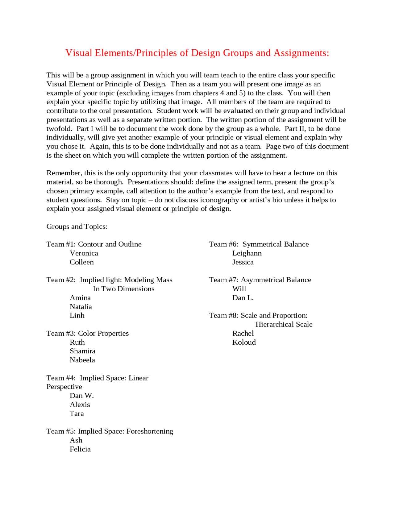 Visual Elements/Principles of Design Groups and Assignments | ART 101 ...