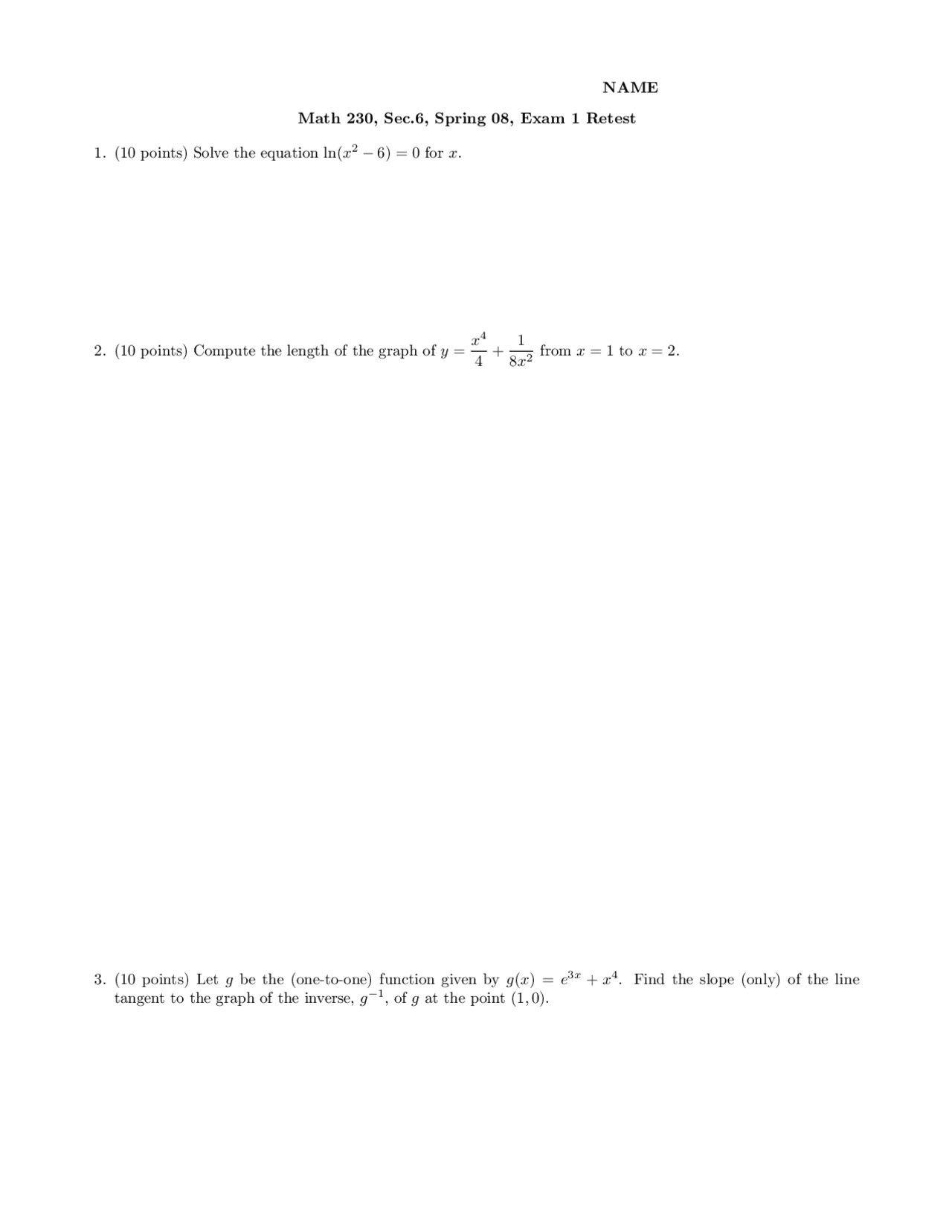 6 Problems On Calculus Ii Examination 1 Math 230 Docsity