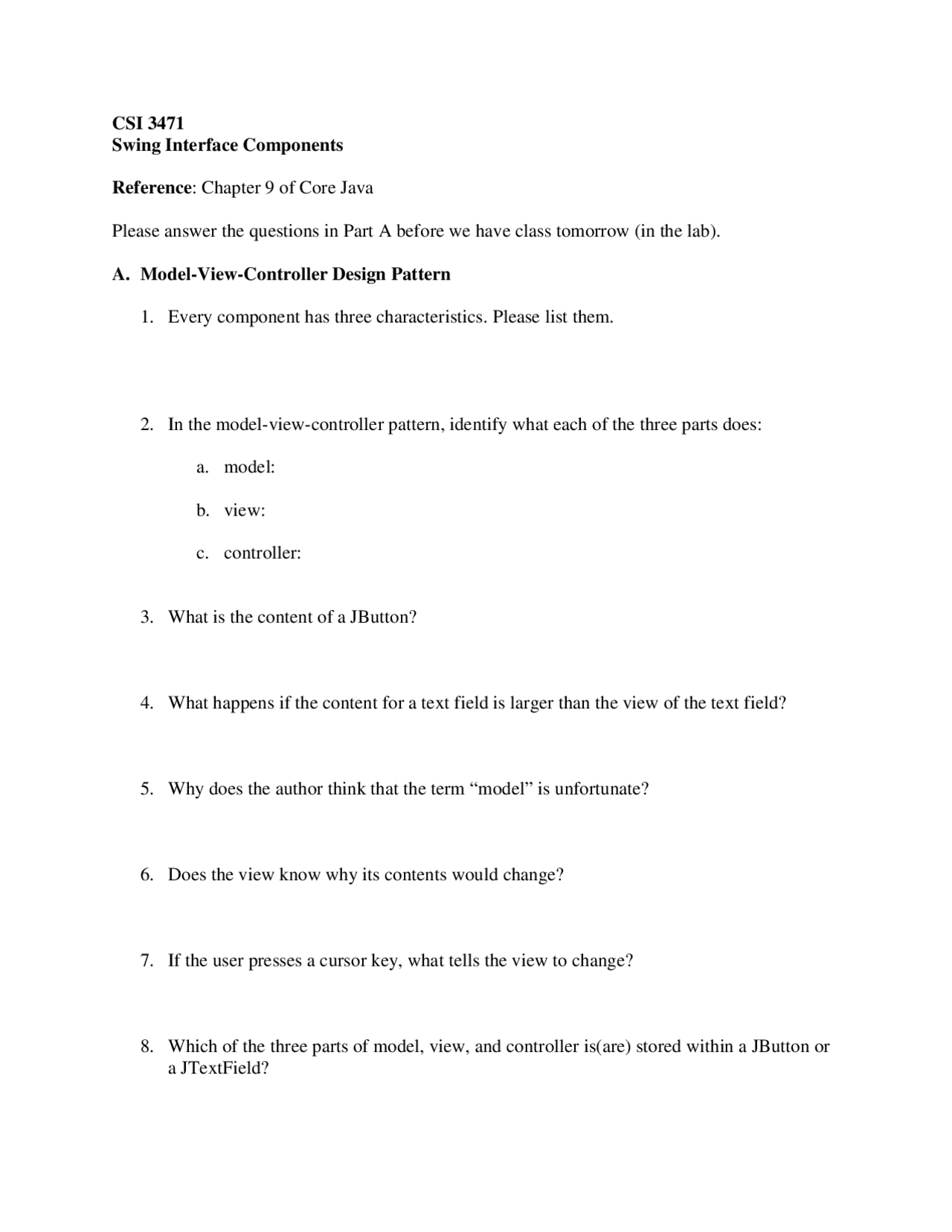 Swing Interface Components Software Engineering I Csi 3471 Docsity
