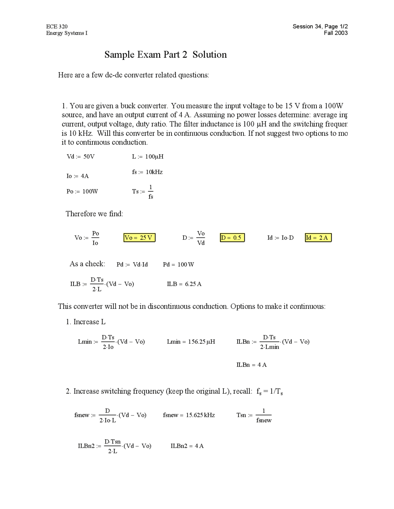 Sample Exam Part 2 With Solutions Energy Systems I Ece 320 Docsity