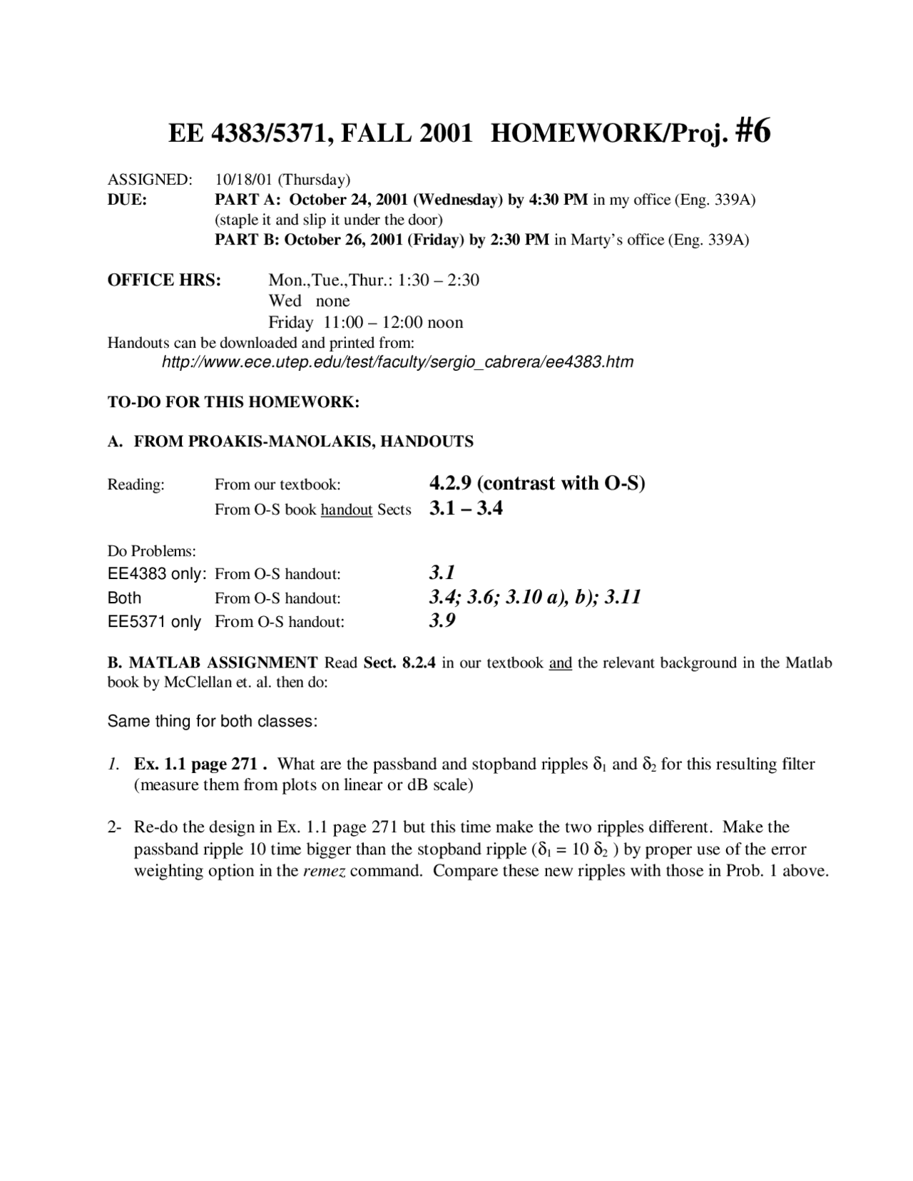Homework Project 6 Digital Signal Processing Ee 4383 Docsity