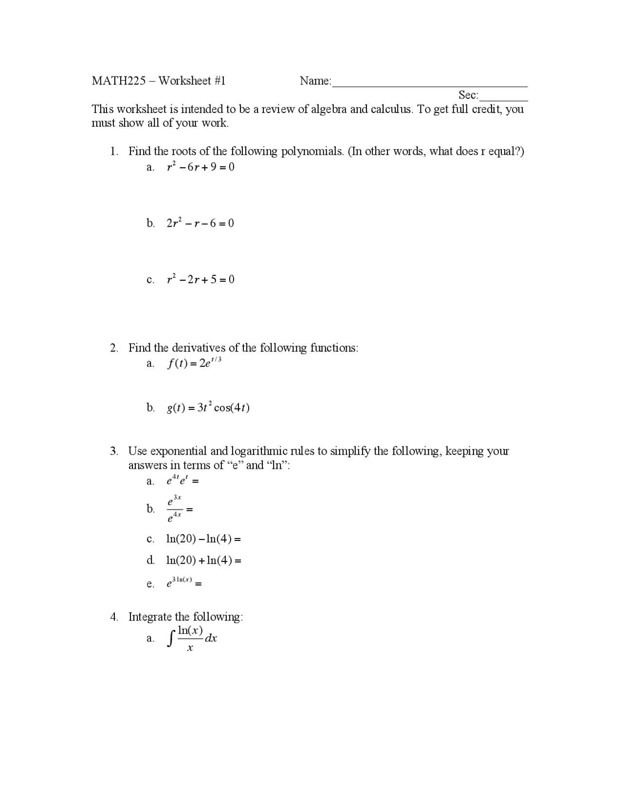 Worksheet 1 Questions - Differential Equations | MATH 225 - Docsity