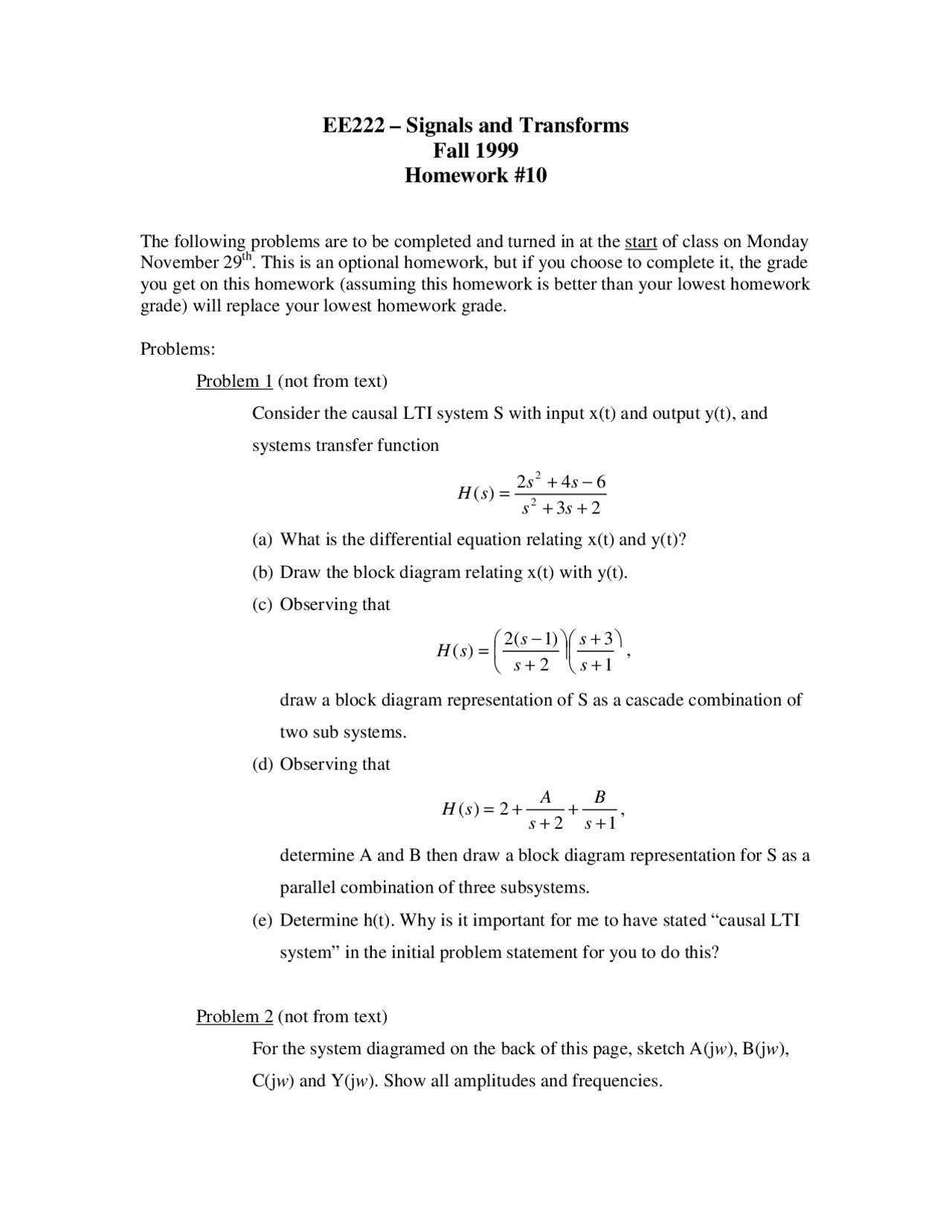 Homework 10 Problems Signals And Systems Fall 1999 Ece 350 Docsity