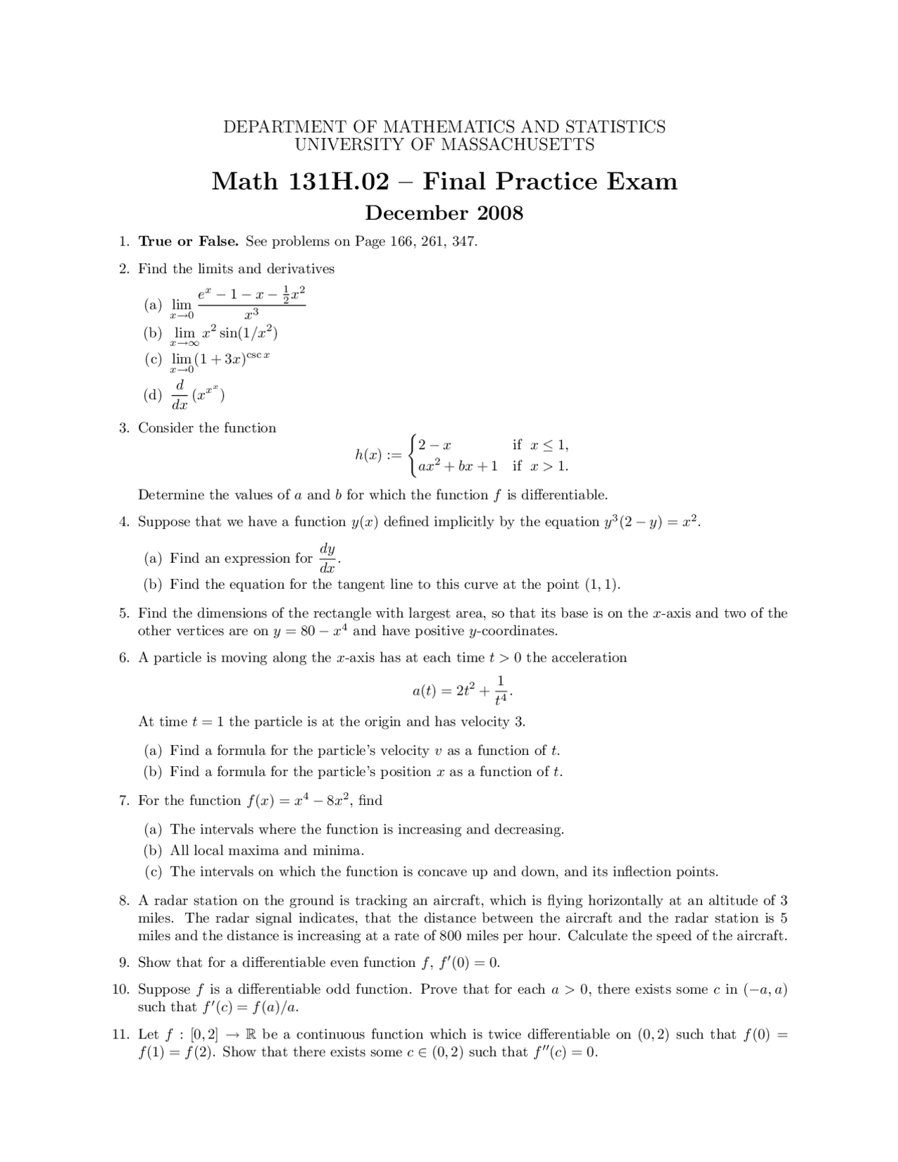 Practice Final Exam Calculus I Math 131 Docsity