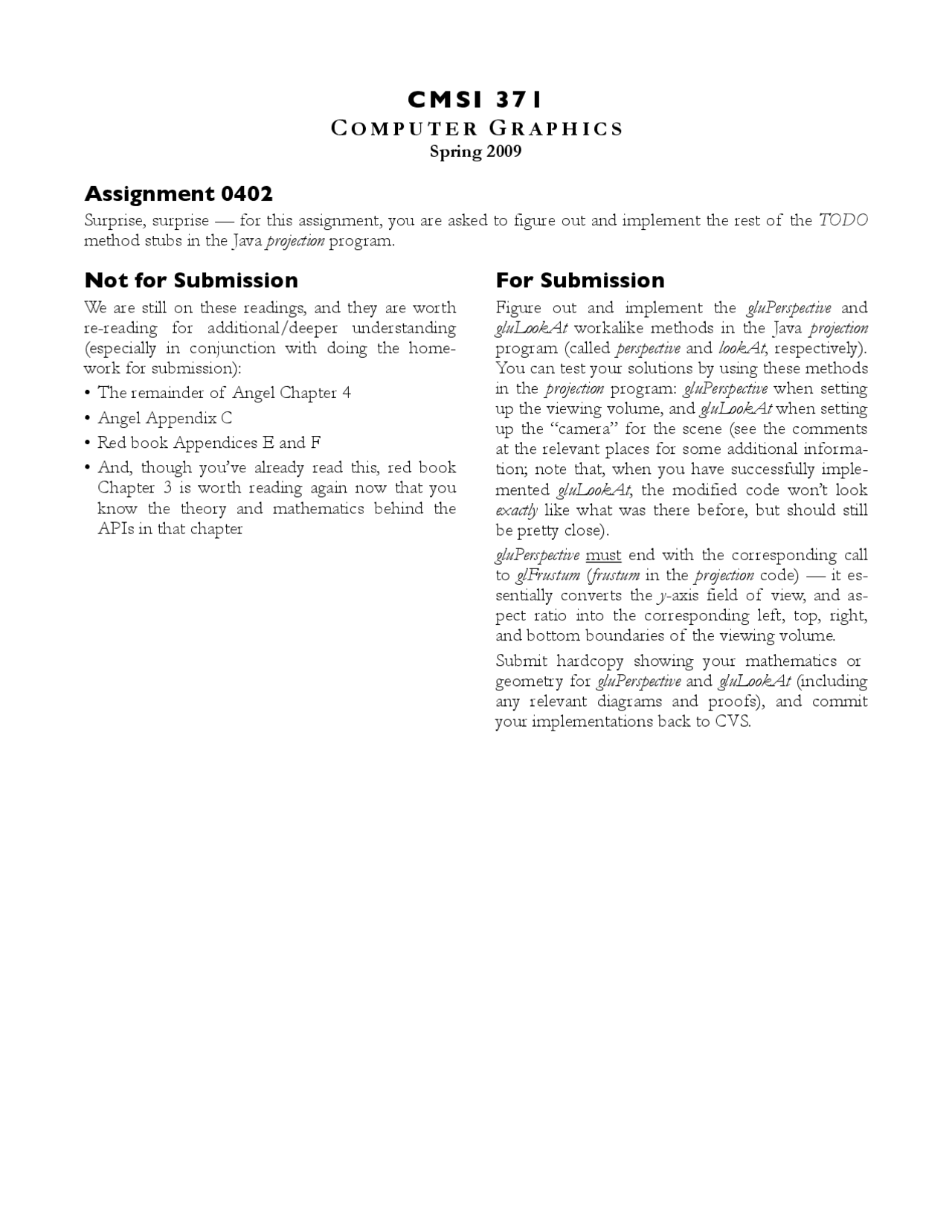Computer Graphics Homework Problems Cmsi 371 Docsity