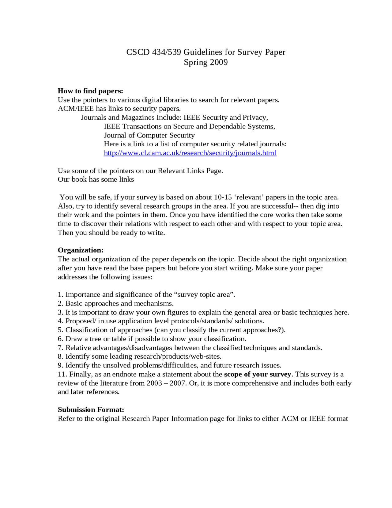Guidelines for Survey Paper - Network Security | CSCD 434 - Docsity