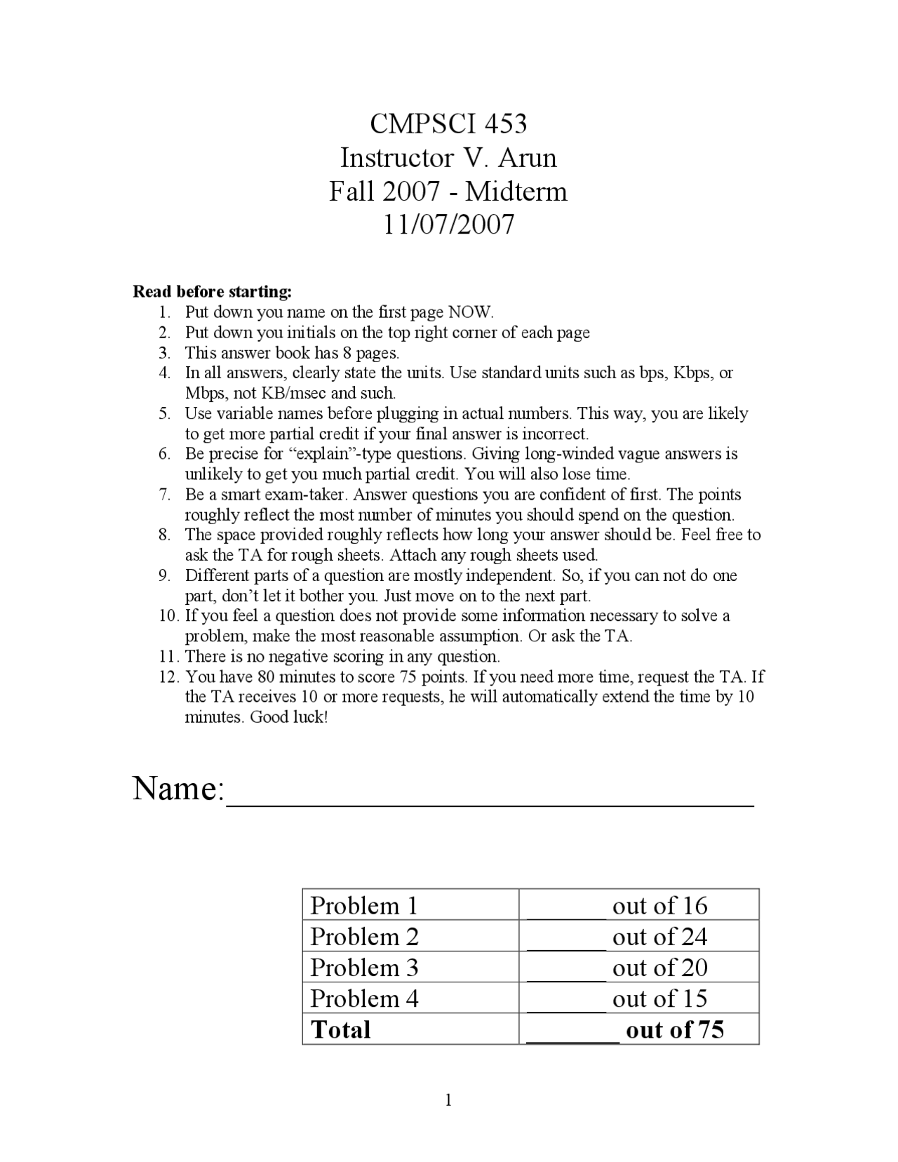 Practice Midterm Exam Computer Networks Fall 2007 Cmpsci 453