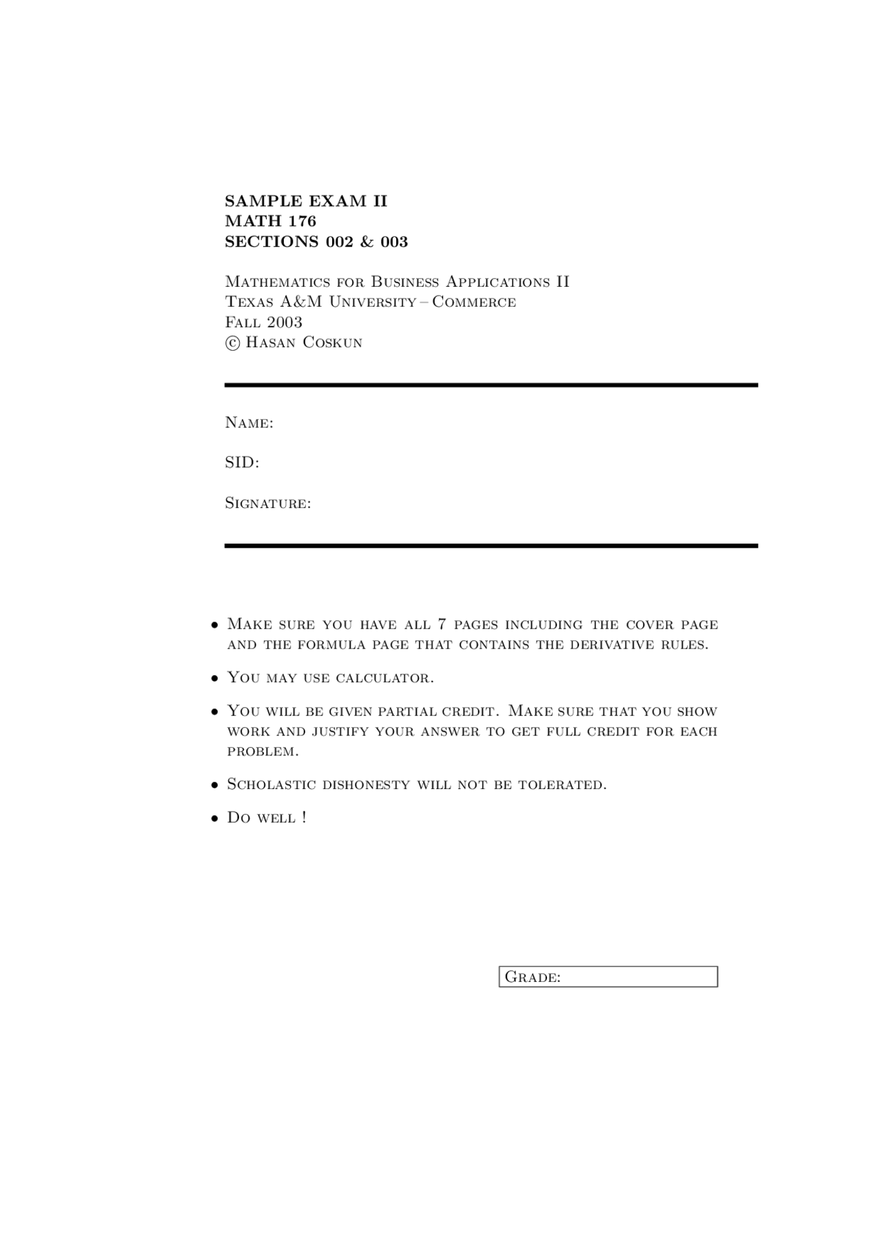 Sample Exam Ii For Mathematics For Business Application Ii Math 176