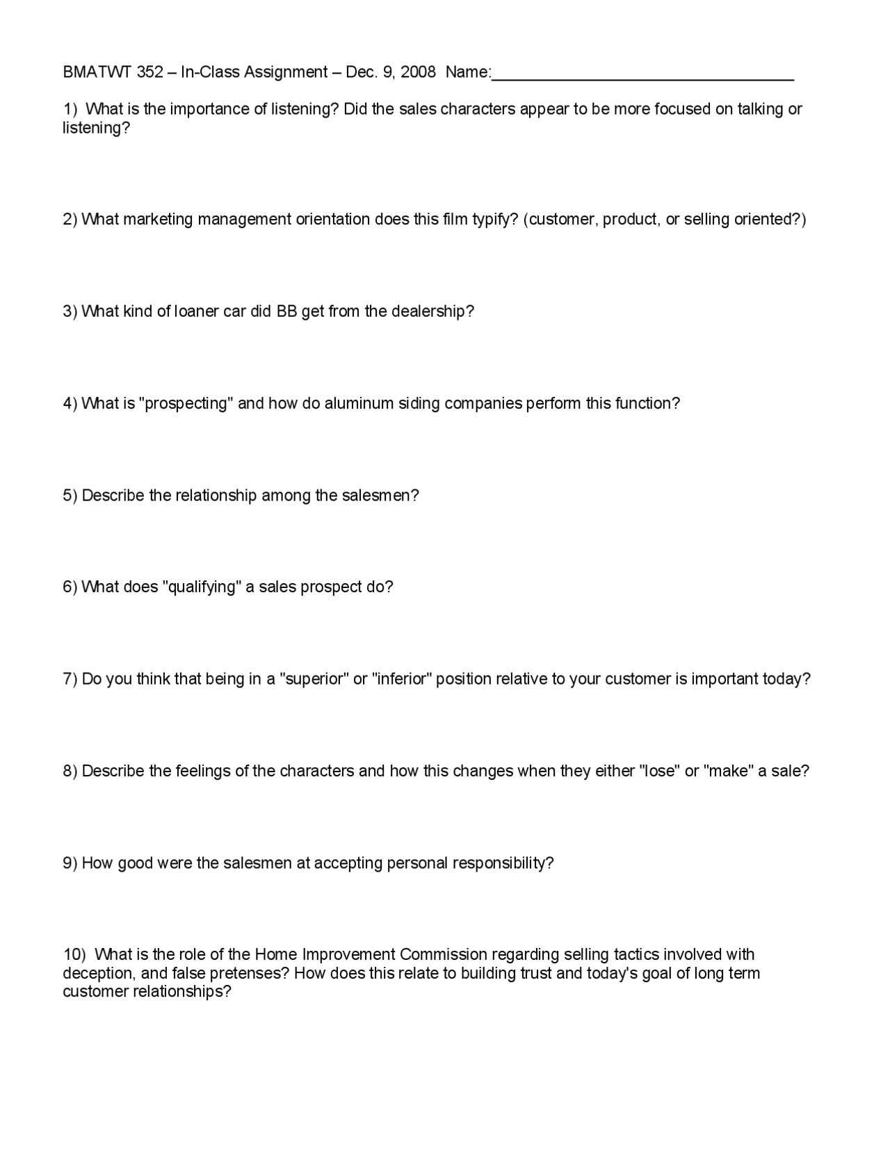 Analyzing Sales Techniques & Marketing in a Film: BMATWT In-Class Assignment - Prof. David ...