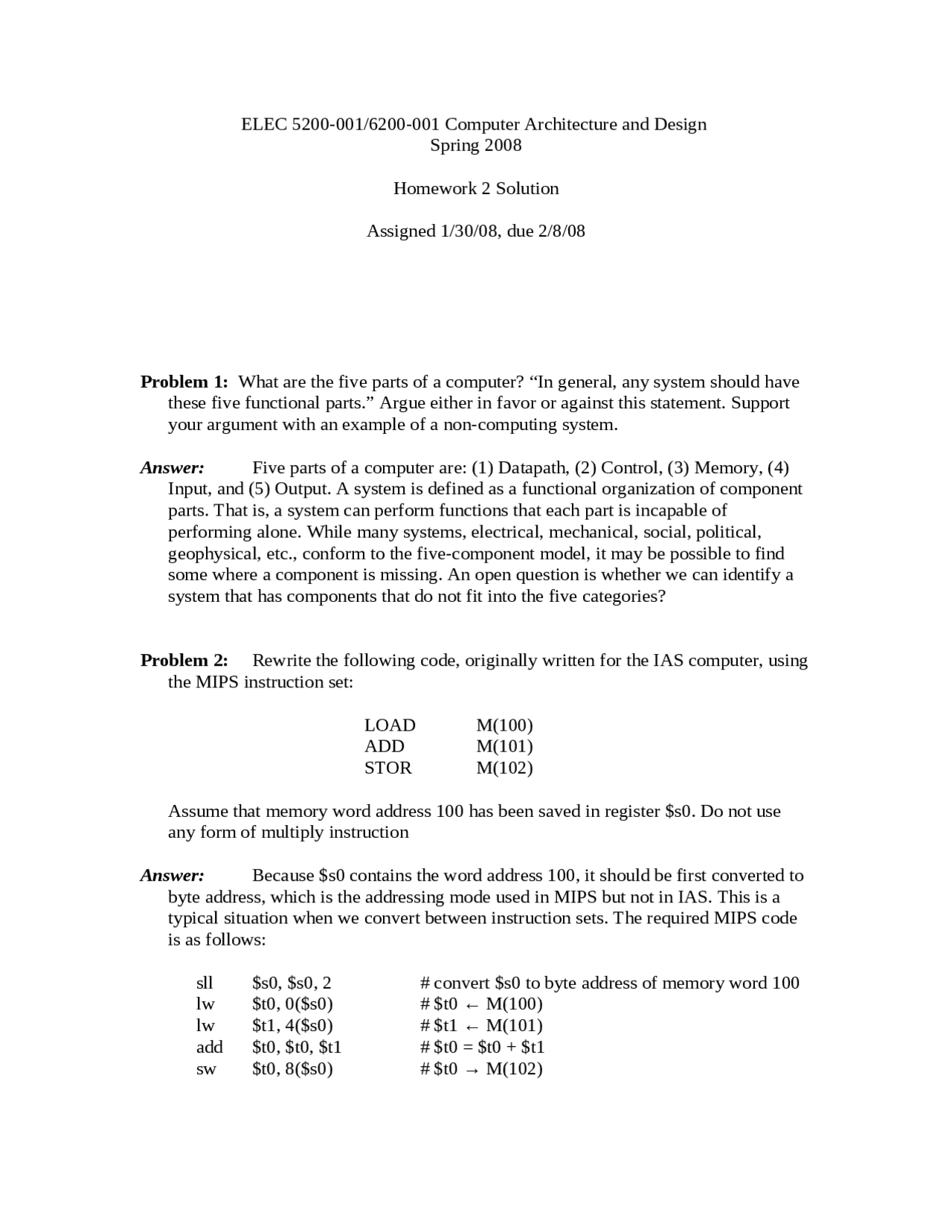 Homework 2 Solutions Computer Architecture And Design Spring 2008