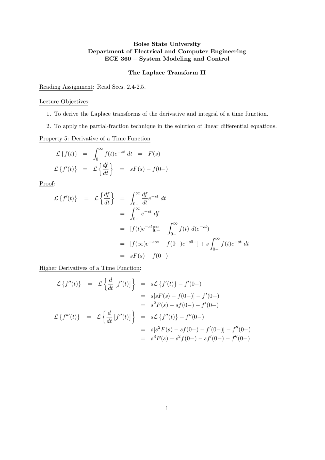 Reading Assignment On Laplace Transforms Ii Ece 360 Docsity
