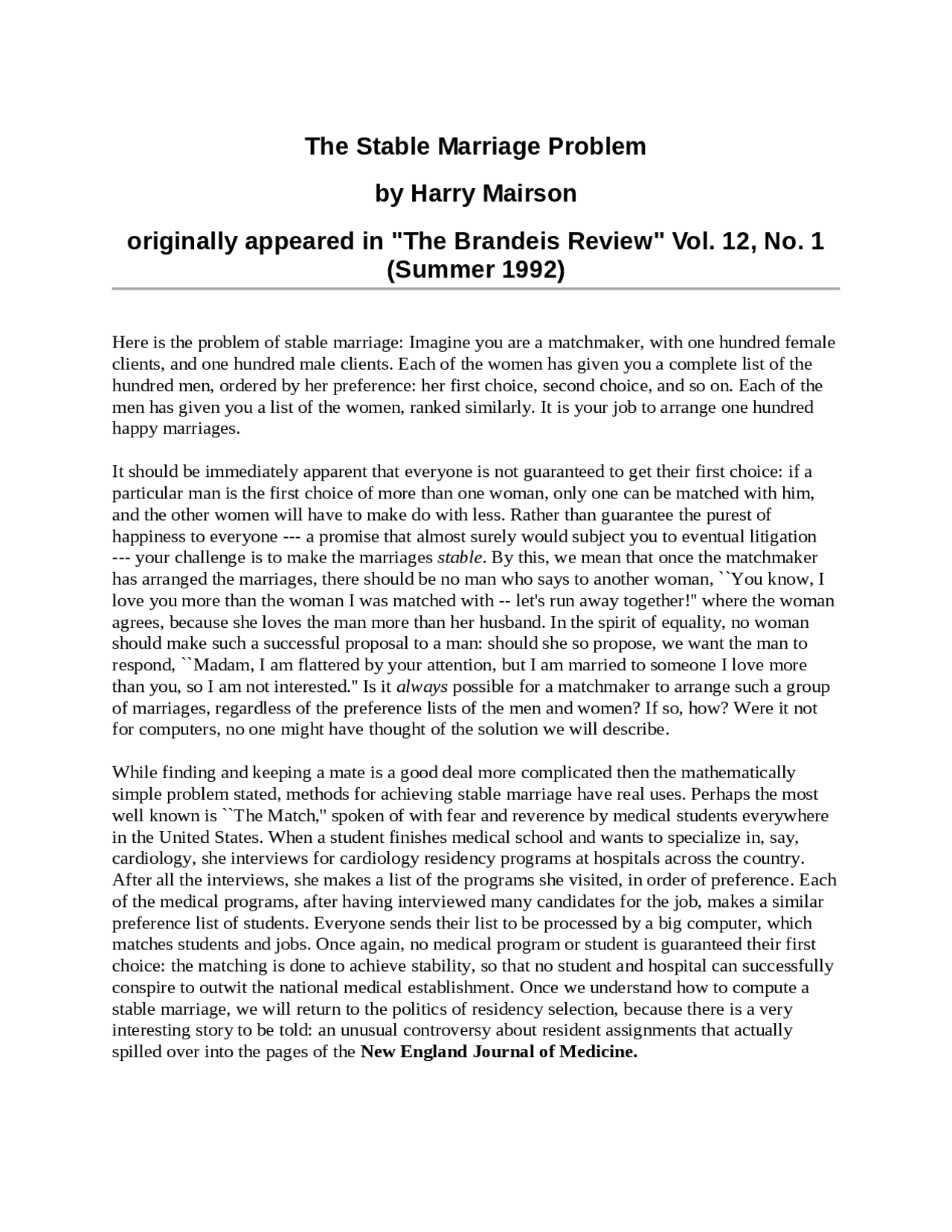 The Stable Marriage Problem - Review Sheet | MATH 1319 - Docsity