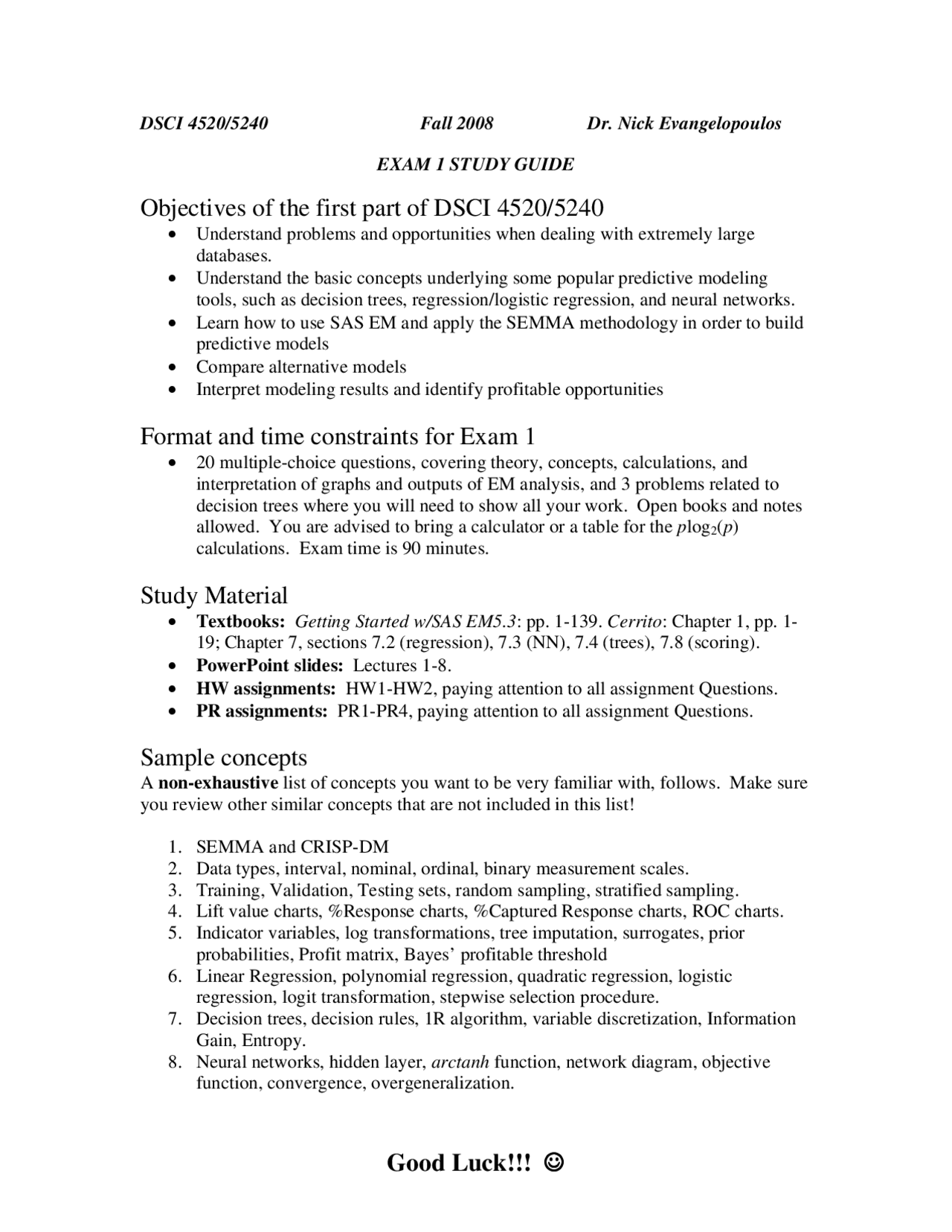 Exam 1 Study Guide - Data Based Decision Support Systems | DSCI 4520 - Docsity
