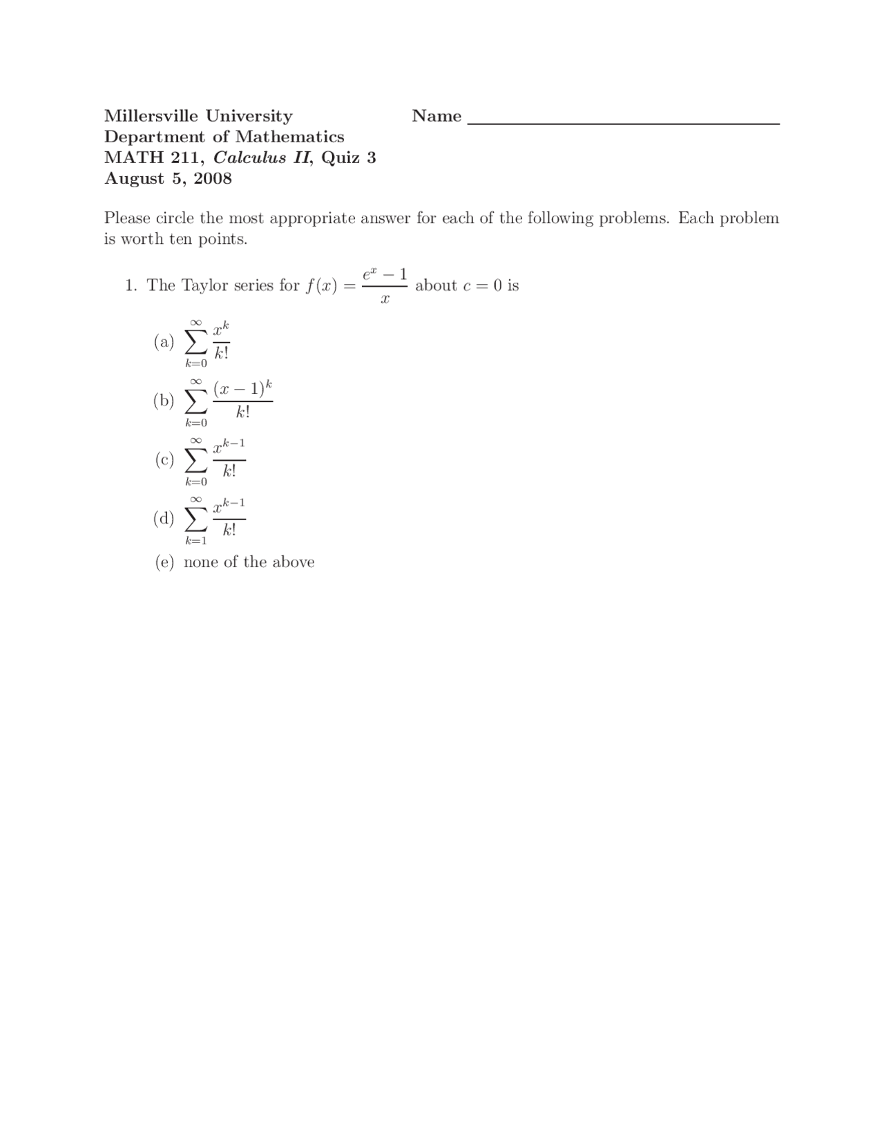 5 Problems On The Maclaurin Series Quiz 3 Math 211 Docsity