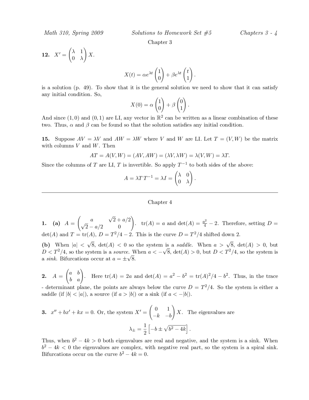 Solutions To Homework Set 3 On Ordinary Differential Equations Math