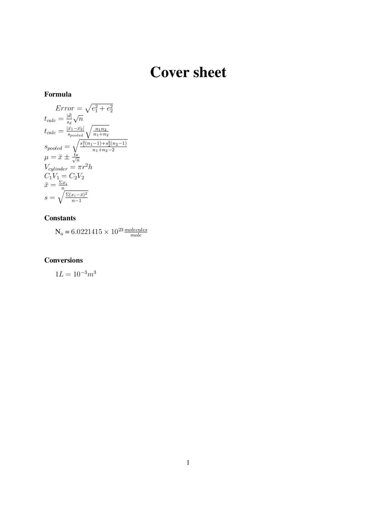 Cheat Sheet For Exam 1 Quantitative Analysis Chem 232 Docsity