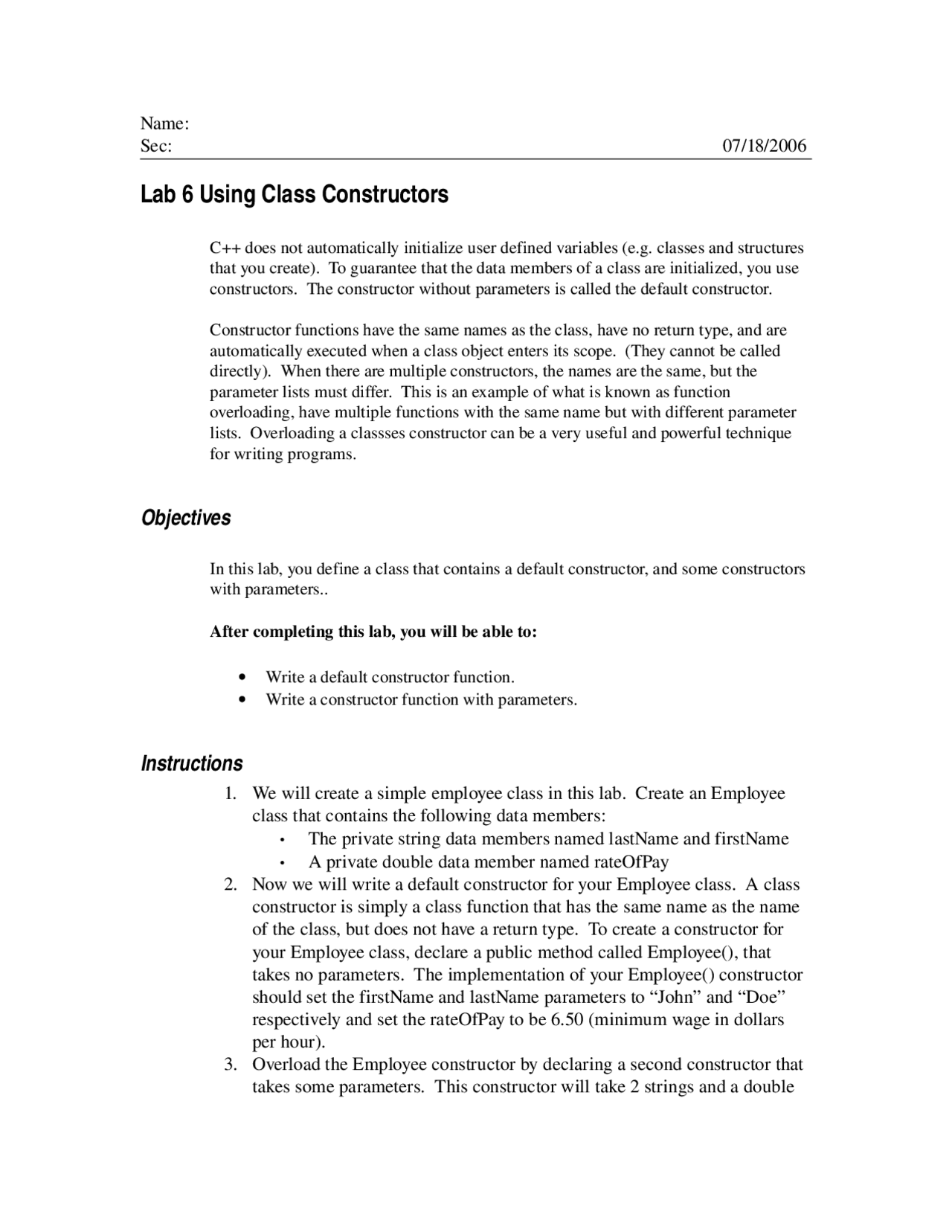 Lab 6 On Using Class Construction Programming Fundamentals Ii Csci 4433