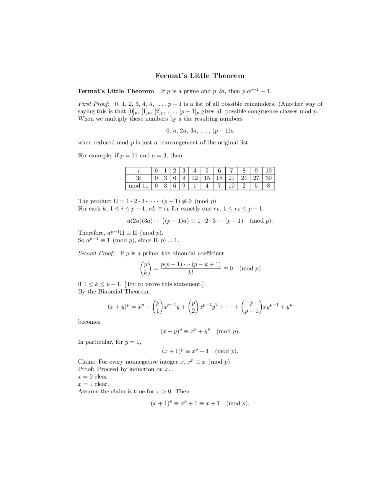 Introduction to Fermat's Little Theorem - Study Guide | MATH 420 - Docsity