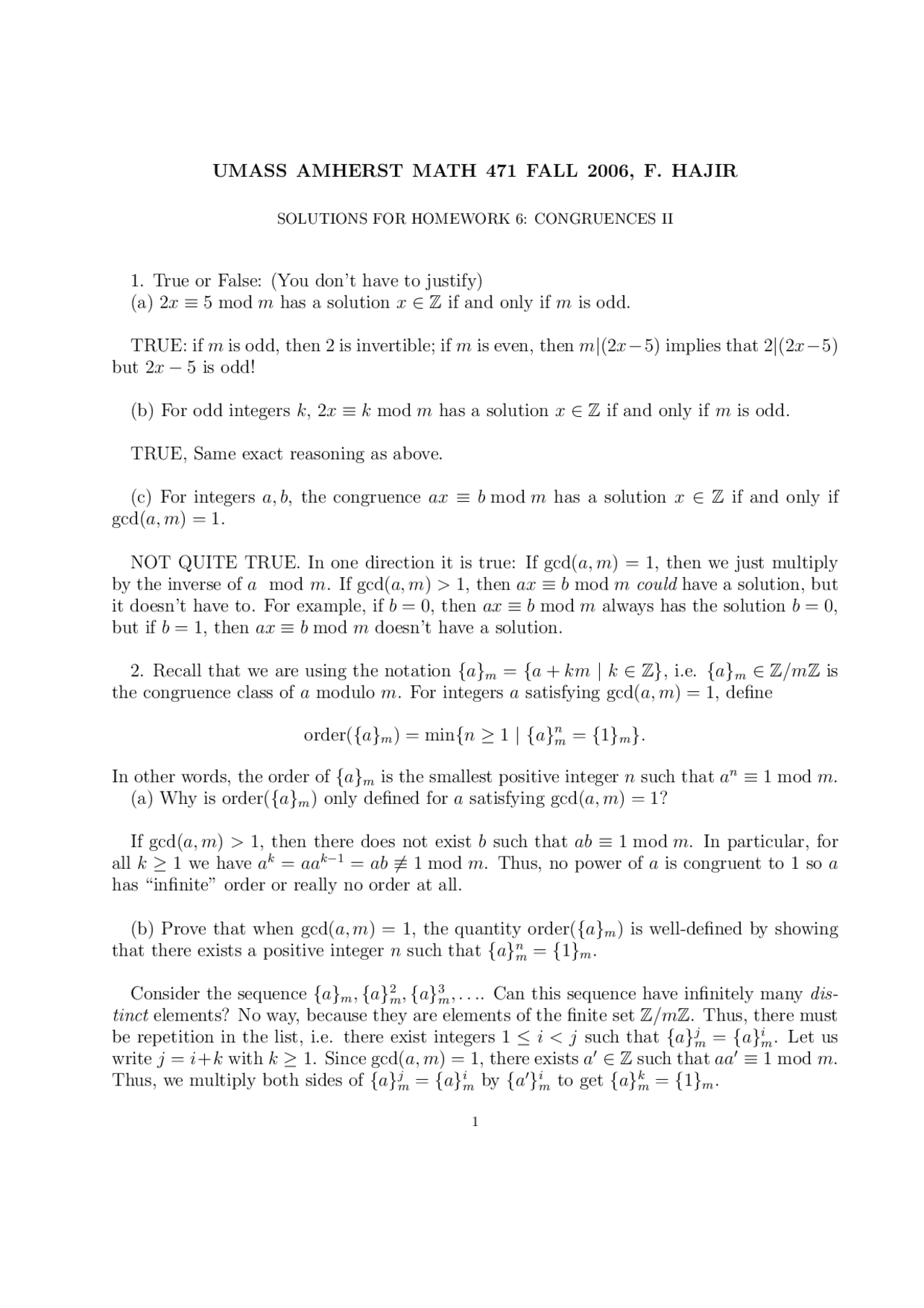 Solutions to UMASS Amherst Math 471 Homework 6: Congruences II ...
