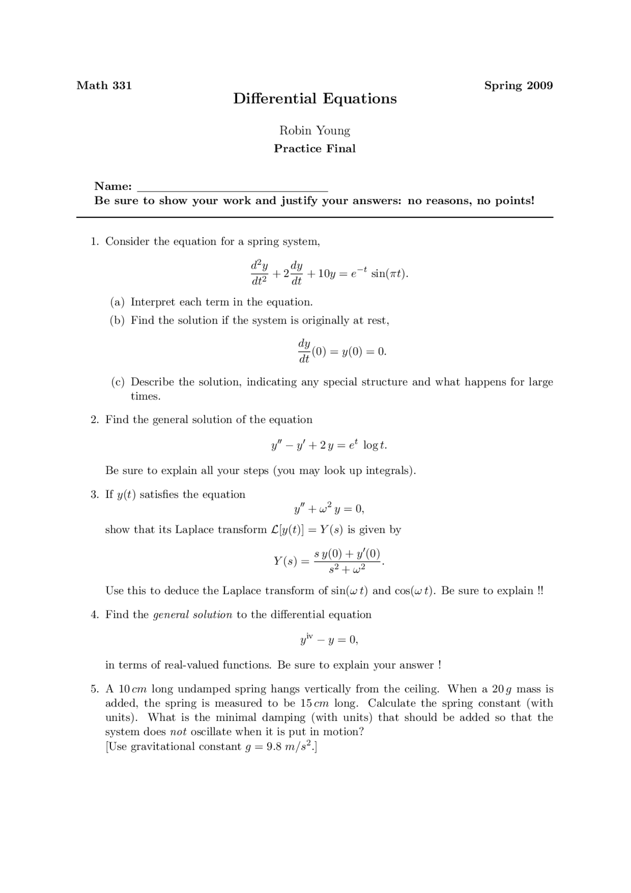 Differential Equation Practice for Final Paper | MATH 331 - Docsity