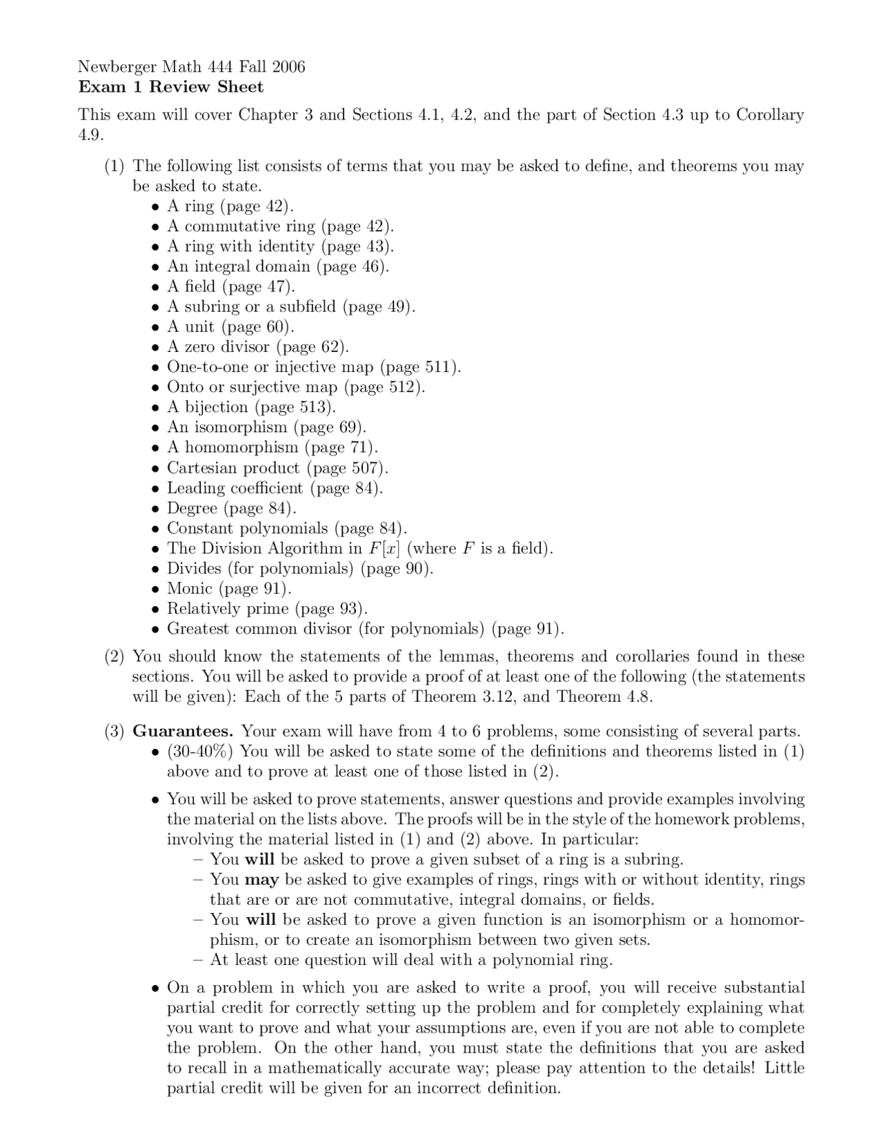 Exam 1 Review Sheet Of Introduction To Abstract Algebra Math 444