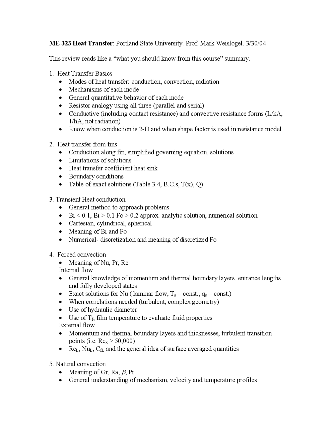 Review Sheet For Heat Transfer Fall 2004 Me 323 Docsity