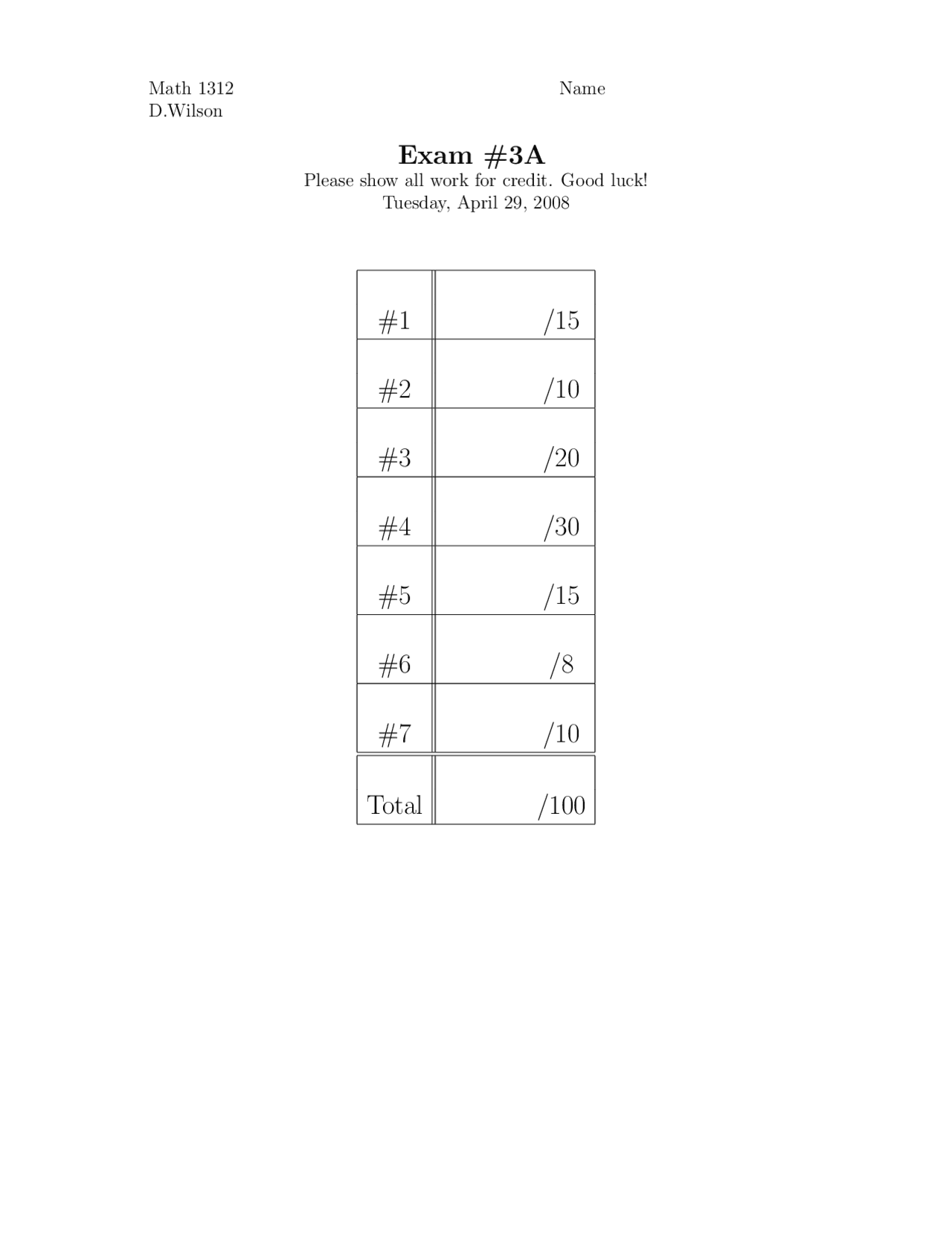 Exam 3 Practice Problems - Fall 2008 - Calculus II | MATH 1312 - Docsity