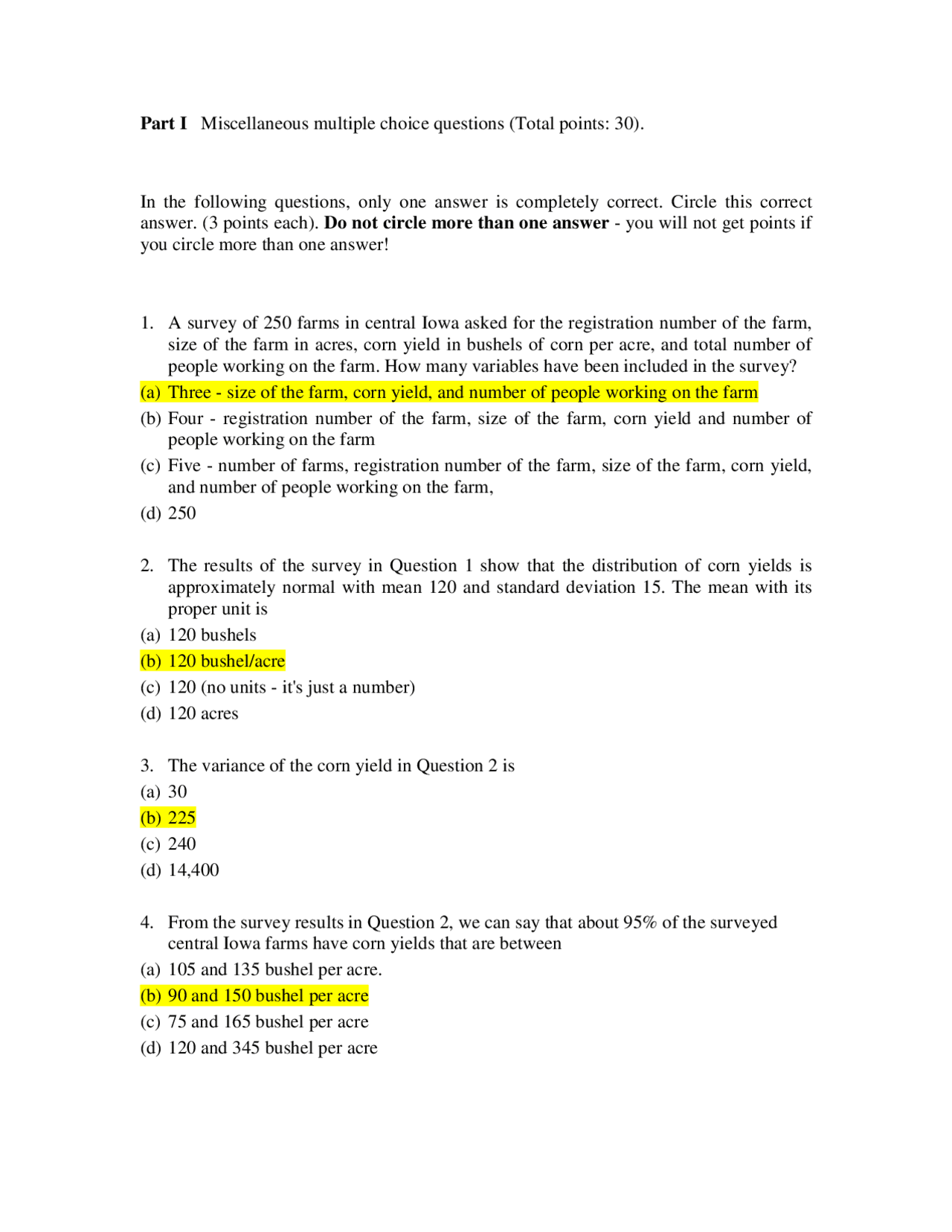 Solved Multiple Choice Questions Statistical Methods Exam Stat