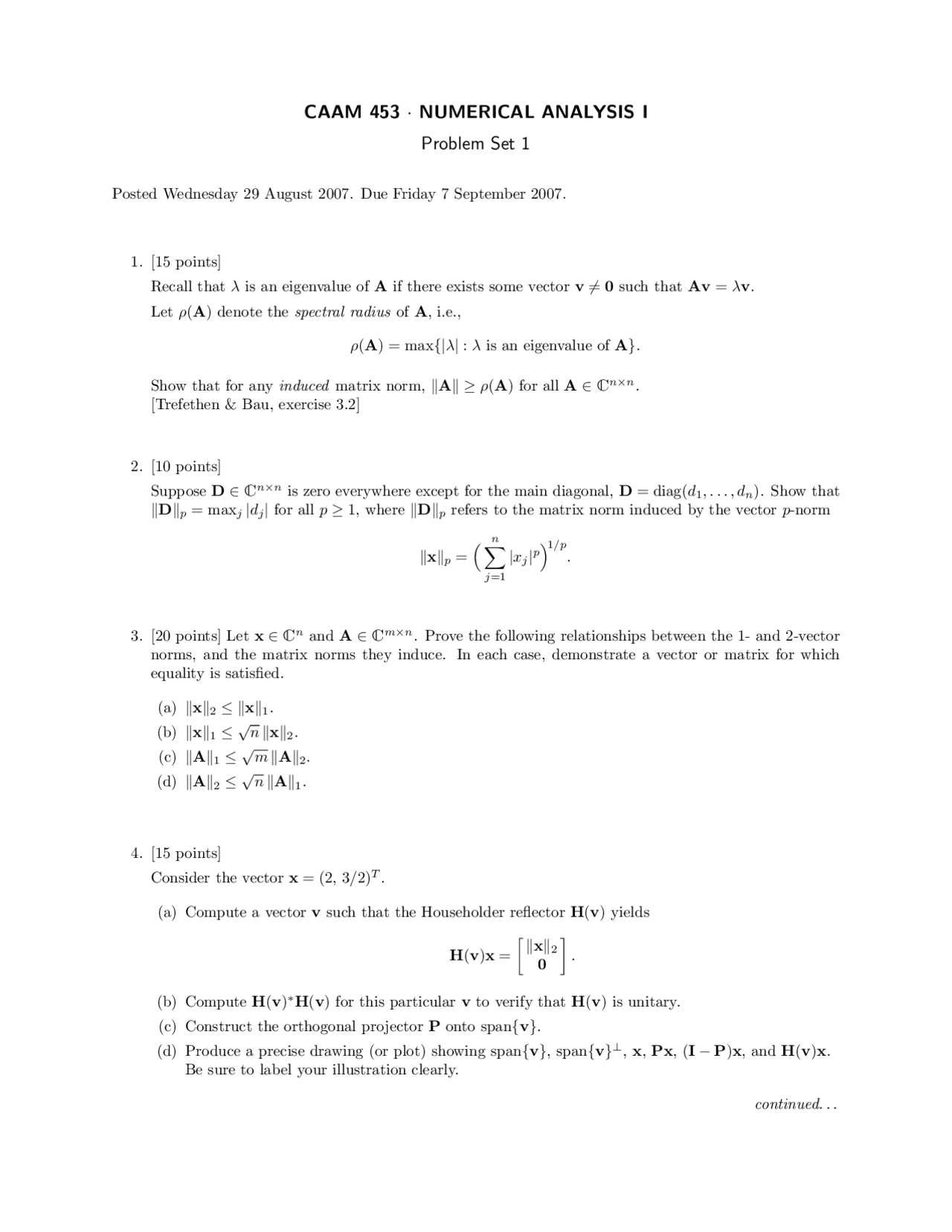 Numerical Analysis Problem Set 1 Caam 453 Docsity