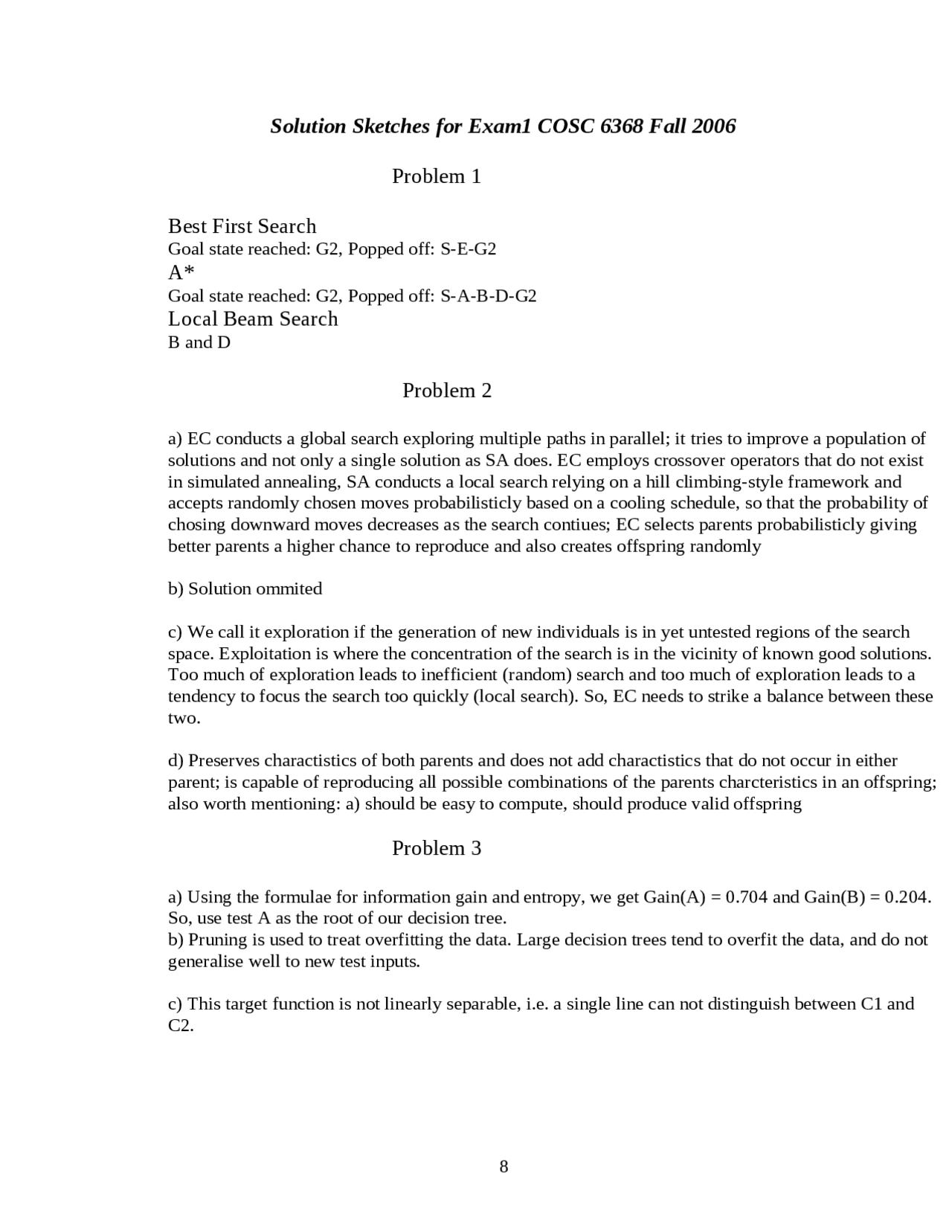 Solution Sketches For Exam 1 Artificial Intelligence 2006 Cosc 6368