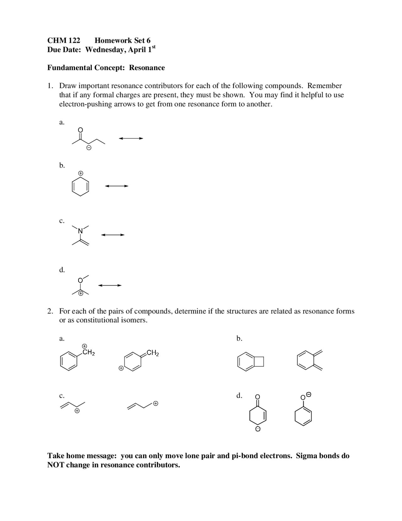 Homework Set 6 Fundamental Concept Resonance Chm 122 Docsity