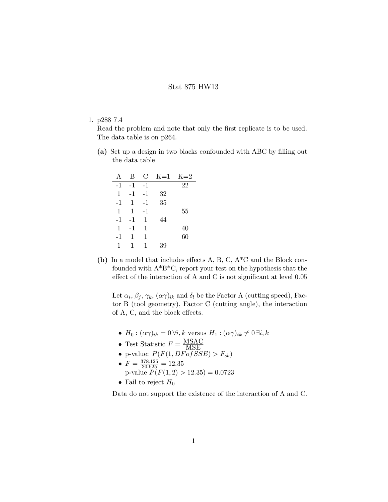 Design Of Experiments With Examples Assignment 13 Stat 875 Docsity