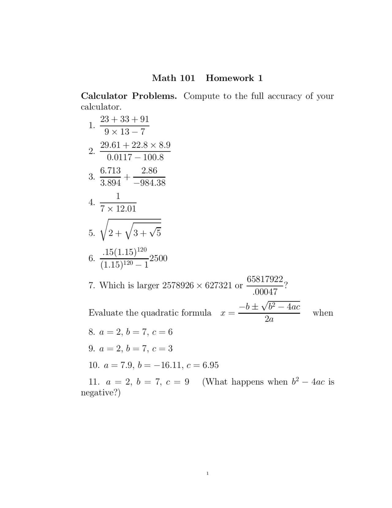 11 Problems To Evaluate The Quadratic Formulas Assignment 1 Math