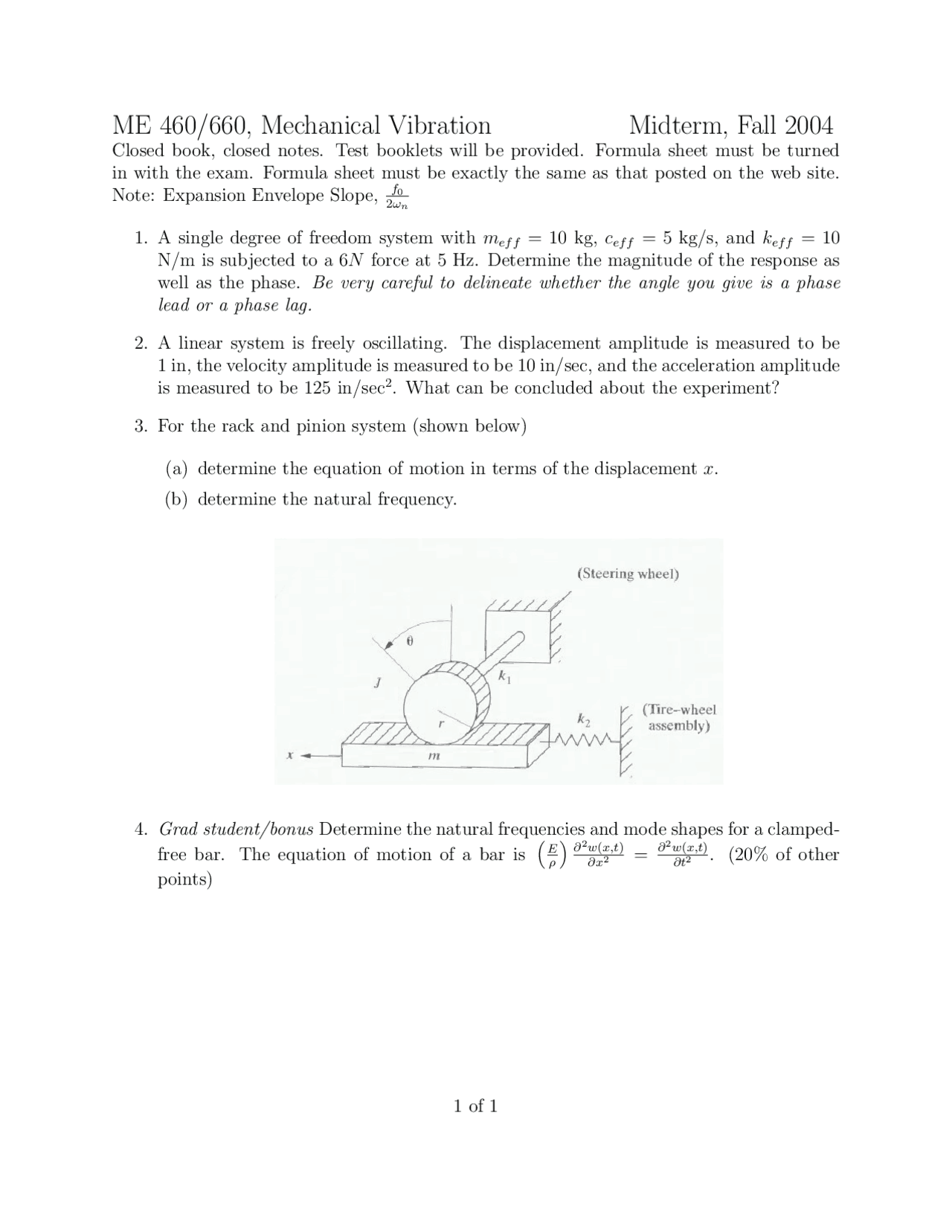4 Problems on Mechanical Vibrations - Midterm Examination | ME 460 ...