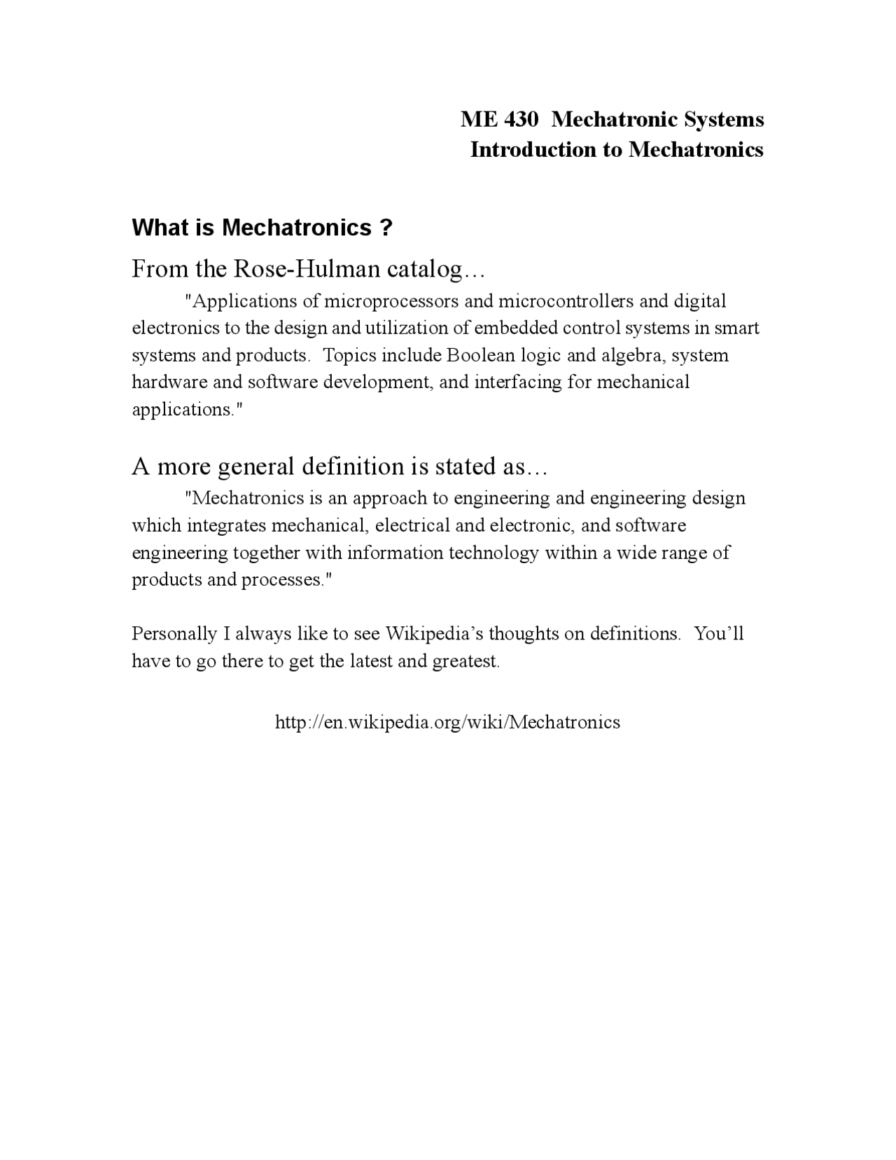 Notes On Introduction To Mechatronics Handout Me 430 Docsity