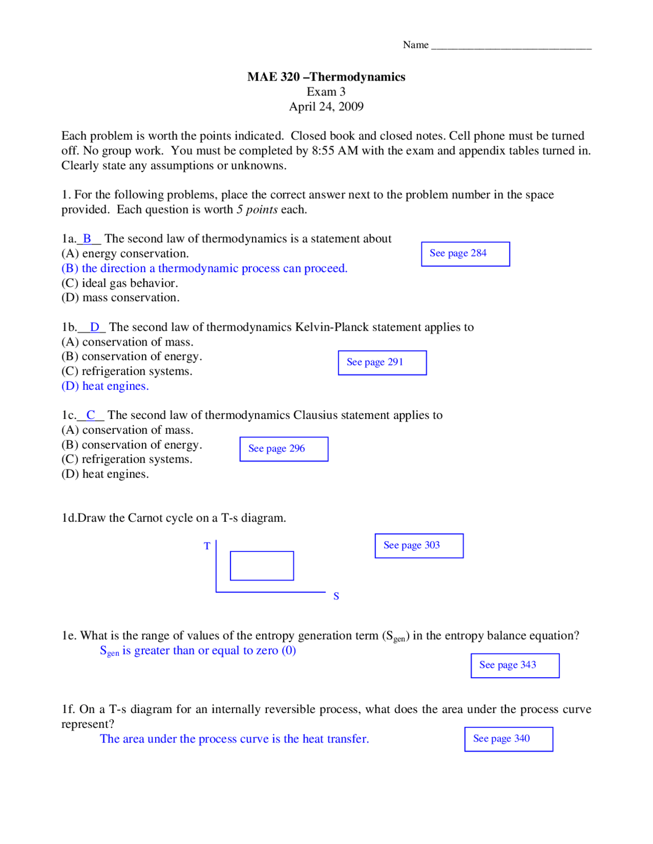 Thermodynamics Exam 3 With Solution Fall 2009 Mae 320 Docsity