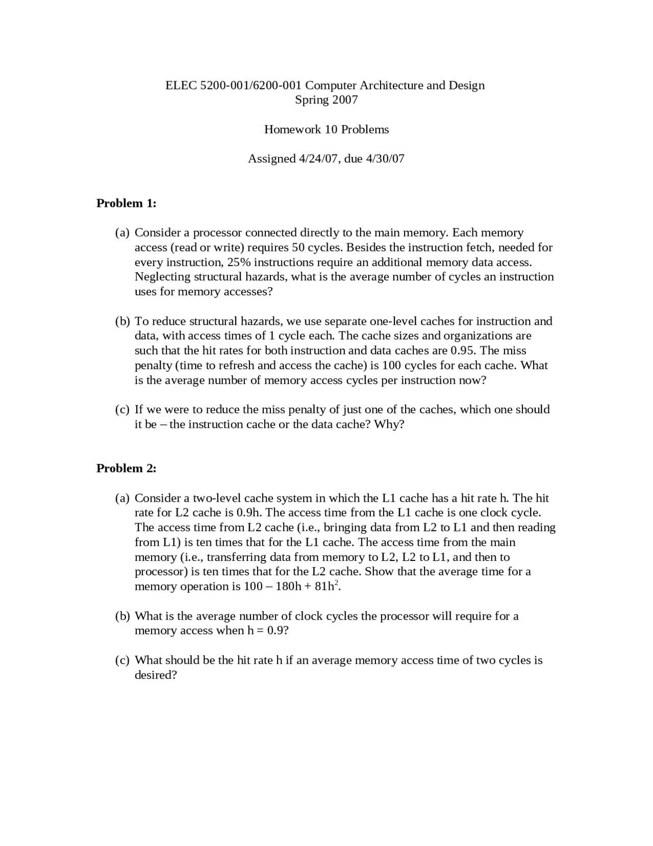 Assignment 10 Solutions Computer Architecture And Design Elec 5200 Docsity
