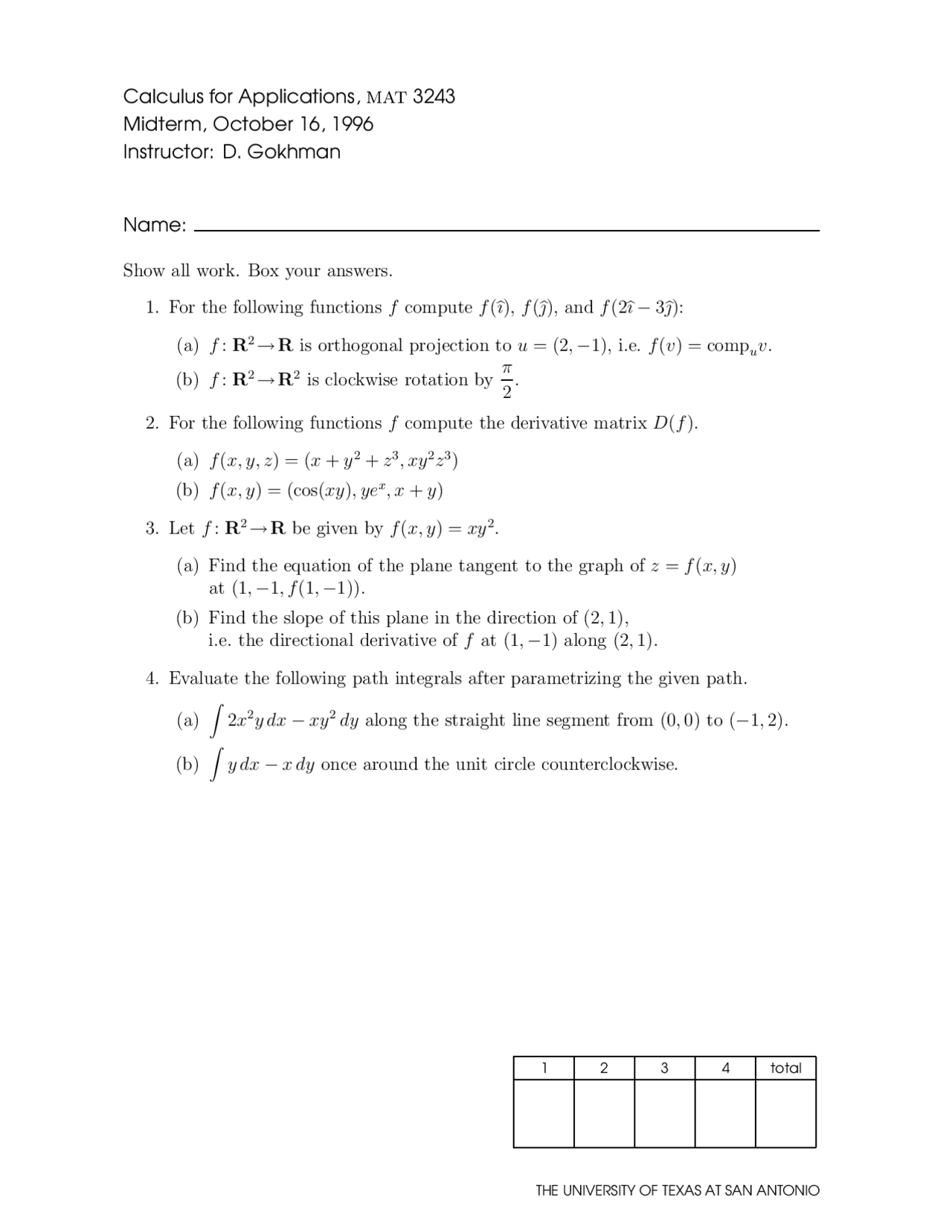 4 Questions In Midterm Exam 2 Calculus For Applications Mat 3243