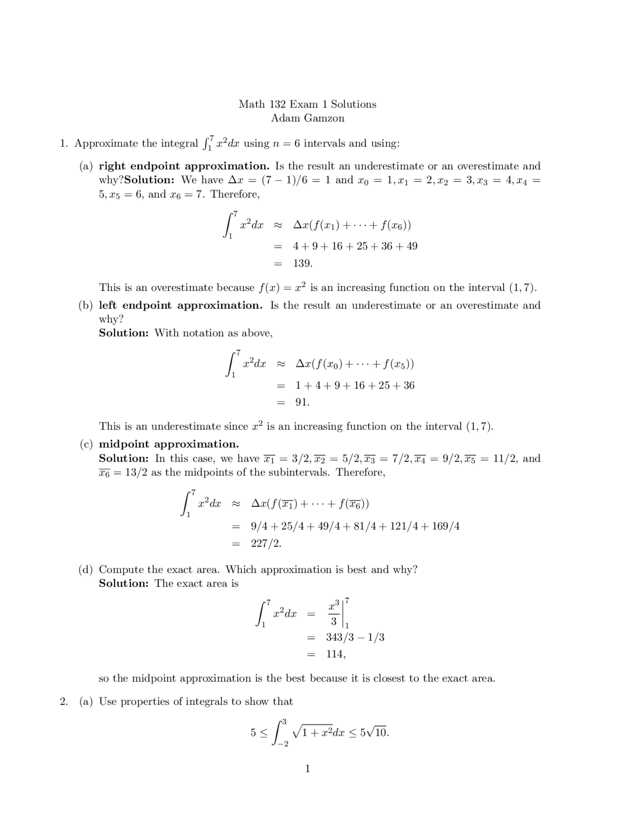 Practice Exam 1 Solutions Calculus Ii Math 132 Docsity