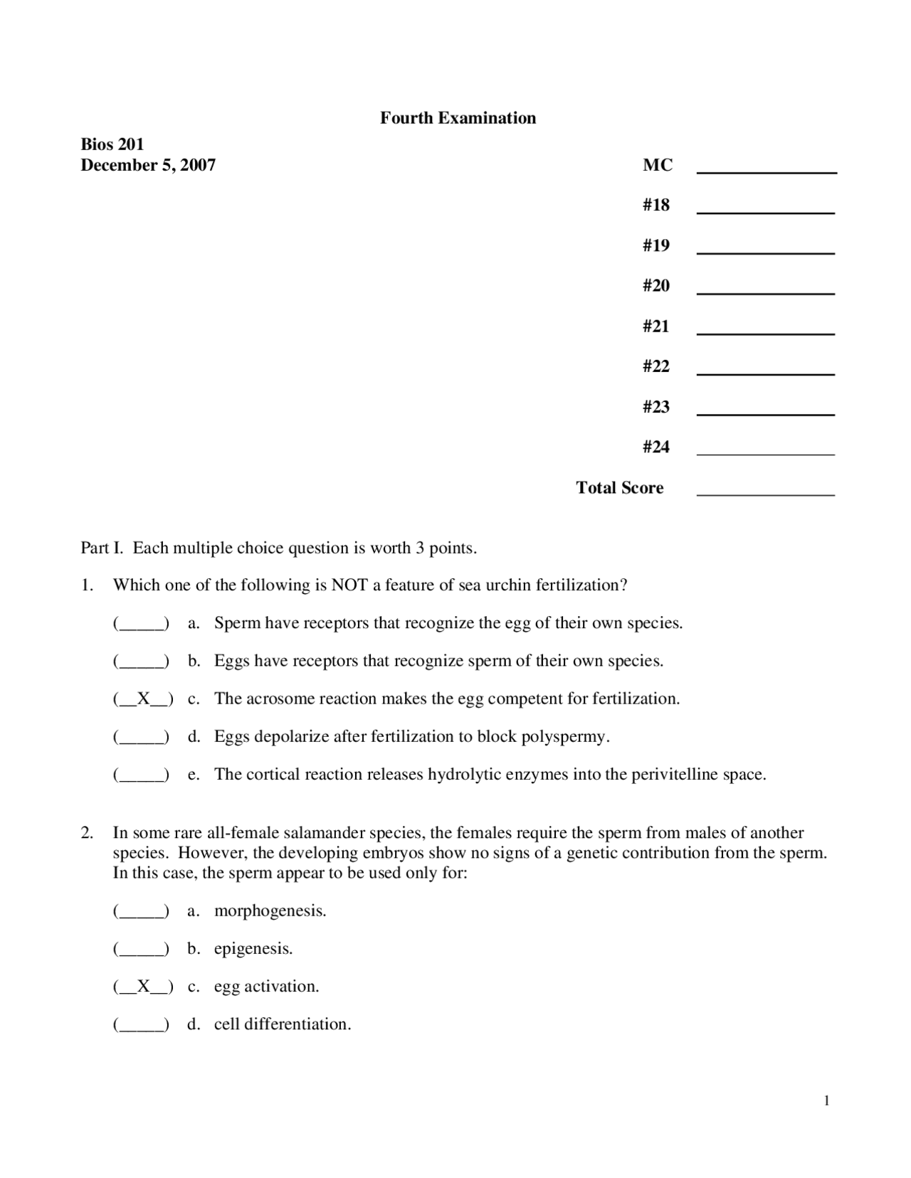 24 Questions on Fertilization Process - Examination 4 | BIOS 201 - Docsity