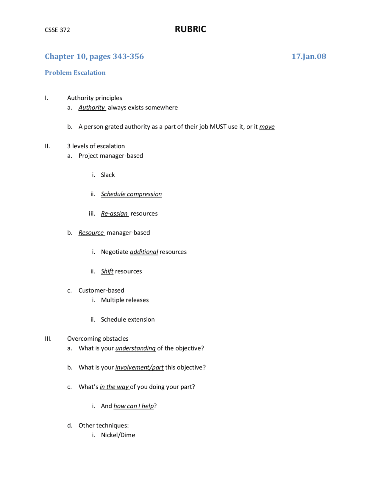 Problem Escalation Rubrics Software Project Management Csse 372 Docsity