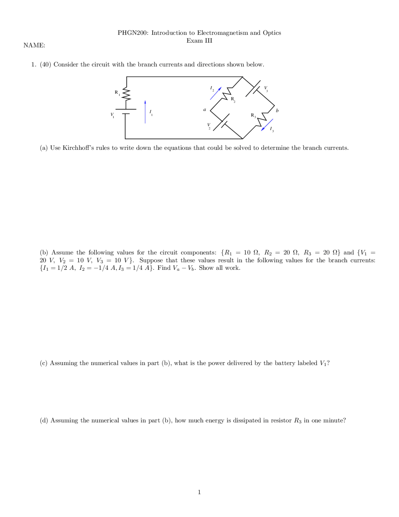 Exam Iii Physics Ii Electromagnetism And Optics Phgn 200 Docsity