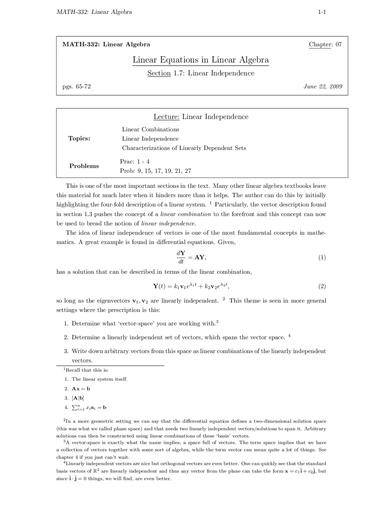 Linear Independence Linear Equations In Linear Algebra Math 332