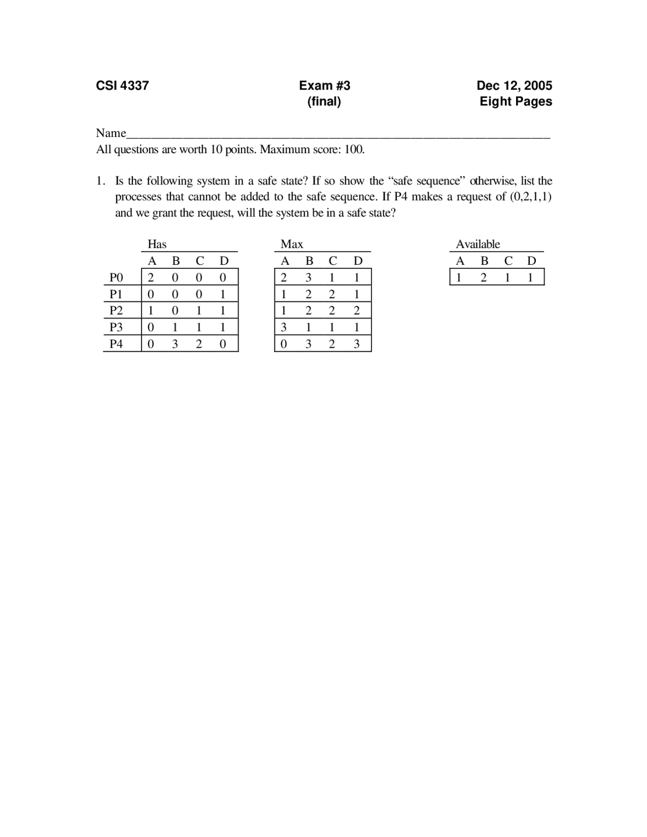Questions On Introduction To Operating Systems Old Exam 3 Csi 4337 Docsity
