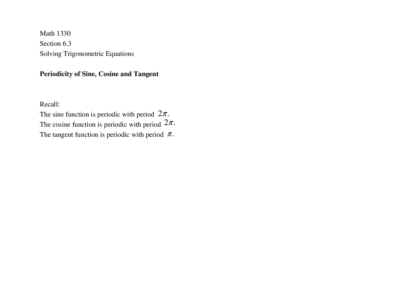Example Questions on Trigonometry Equations - Precalculus | MATH 1330 ...