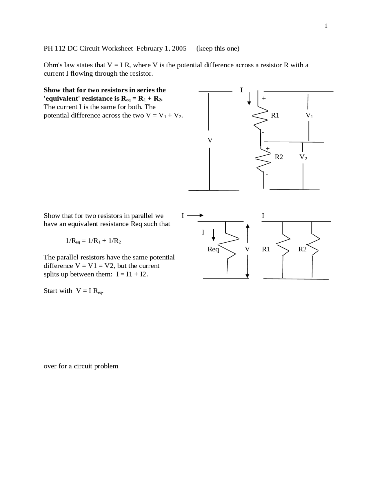 Circuit Worksheet With Problems On Physics Ii Ph 112 Docsity