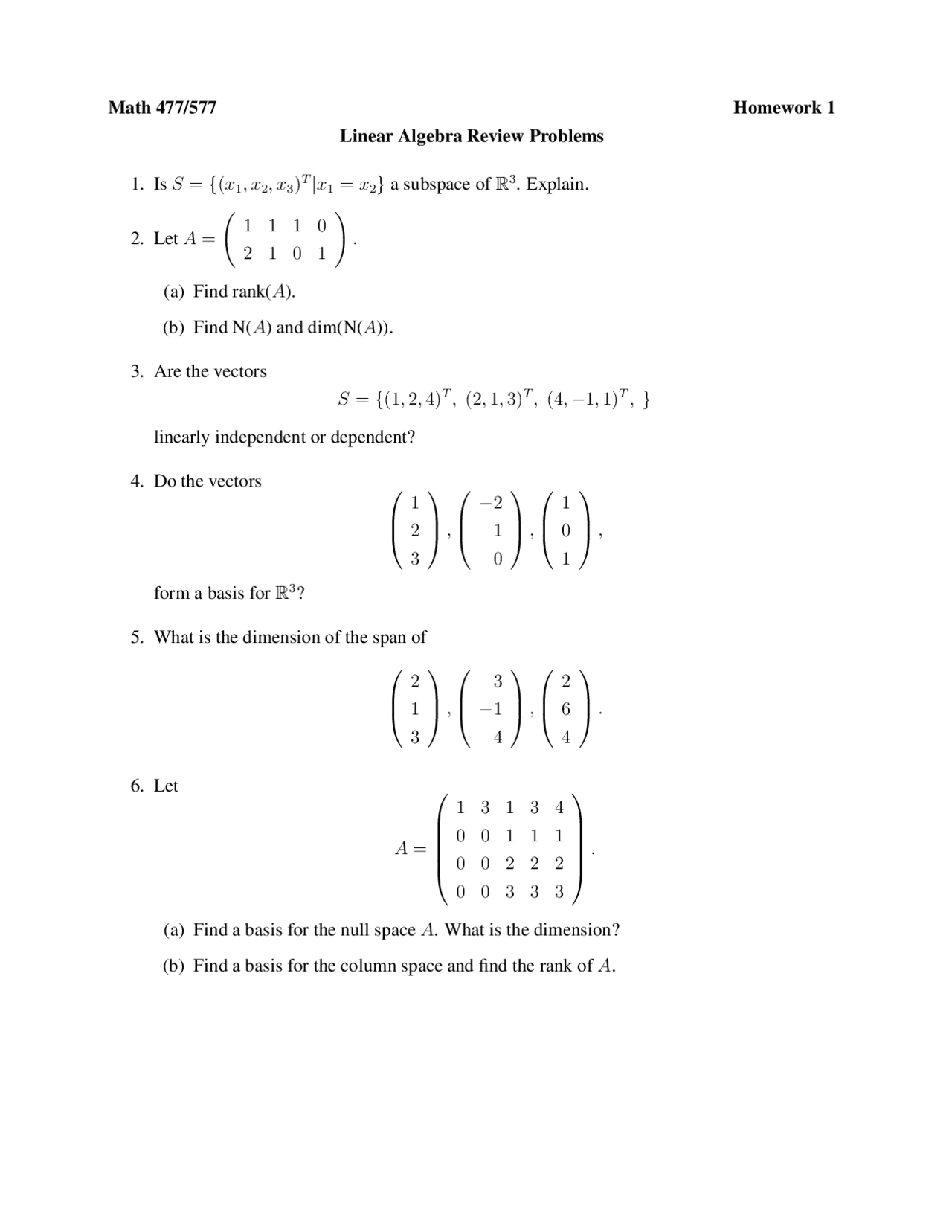 Numerical Linear Algebra - Review Problems | MATH 477 - Docsity