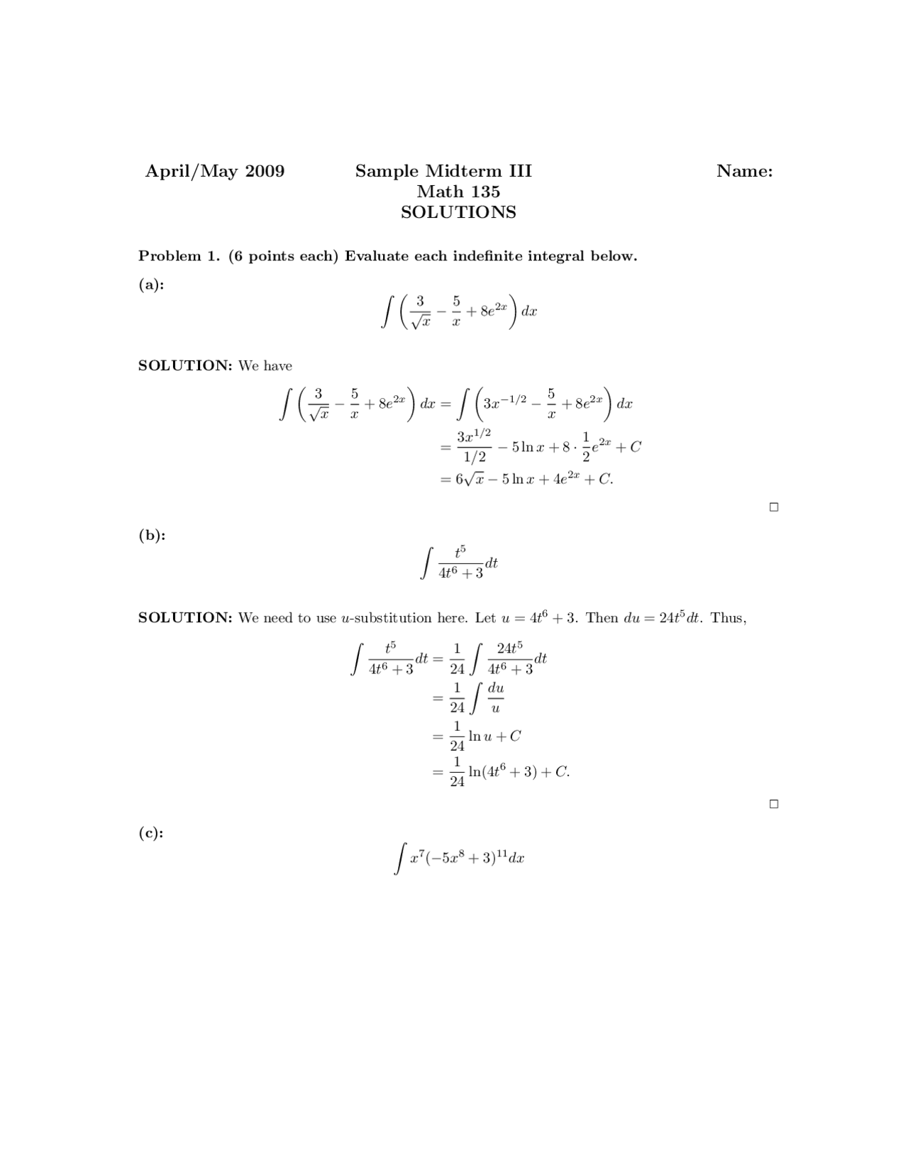 Business Calculus - Sample Midterm Solutions | MATH 135 - Docsity